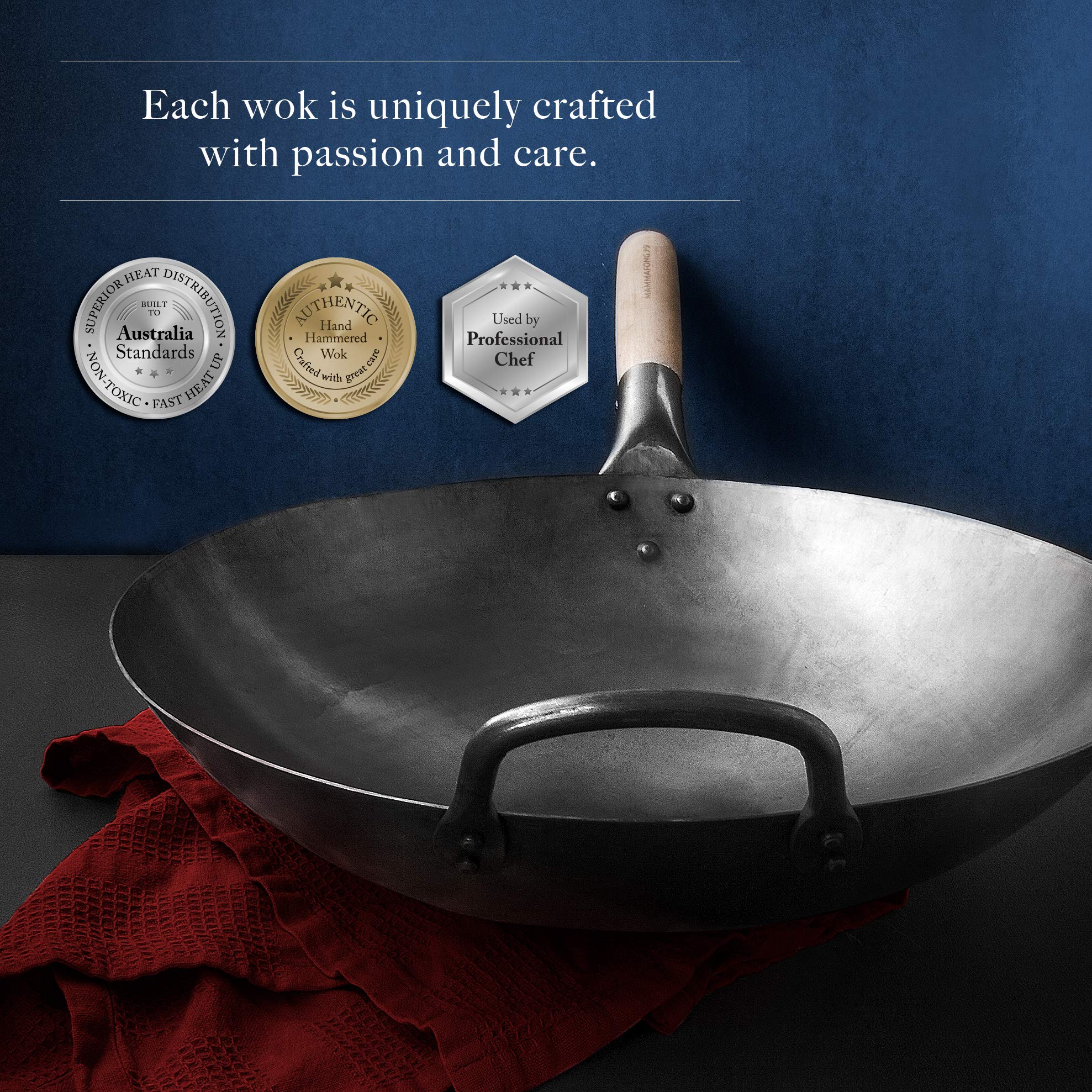 Mammafong Round Bottom 14-inch Traditional Carbon Steel Wok Pan - Authentic Hand Hammered Woks and Stir Fry Pans - Pow Wok with no chemical coating