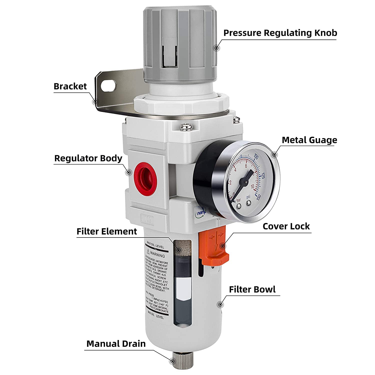 NANPU 3/8" NPT Compressed Air Filter Regulator Combo Piggyback, Auto Drain, 5 Micron Brass Element, Poly Bowl, Metal Bracket, 0-150 psi Gauge