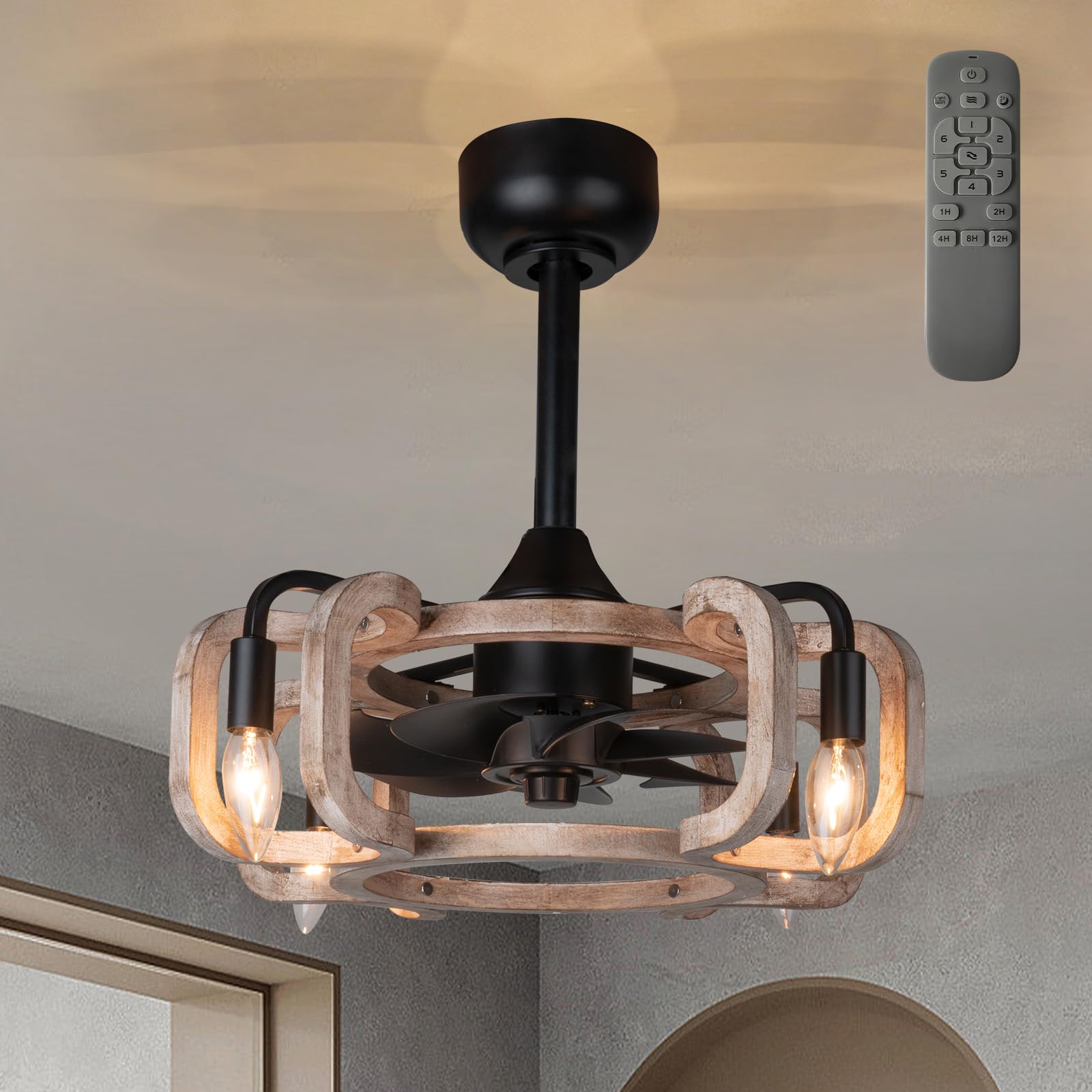 GQR Flush Mount Ceiling Fan with Light, Farmhouse Wood Ceiling Fan with Remote, Caged Fandelier Ceiling Fan Light, Low Profile Ceiling Fan for Bedroom Kitchen, Vintage Solid Redwood Grain