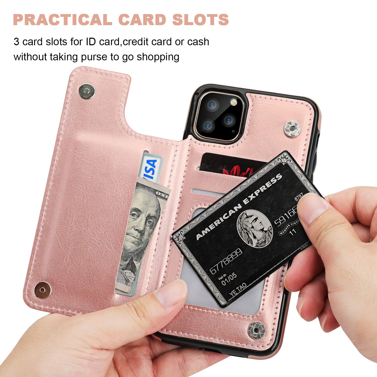 iPhone 11 Pro Max Wallet Case with Card Holder,OT ONETOP PU Leather Kickstand Card Slots Case,Double Magnetic Clasp and Durable Shockproof Cover for iPhone 11 Pro Max 6.5 Inch(Rose Gold)