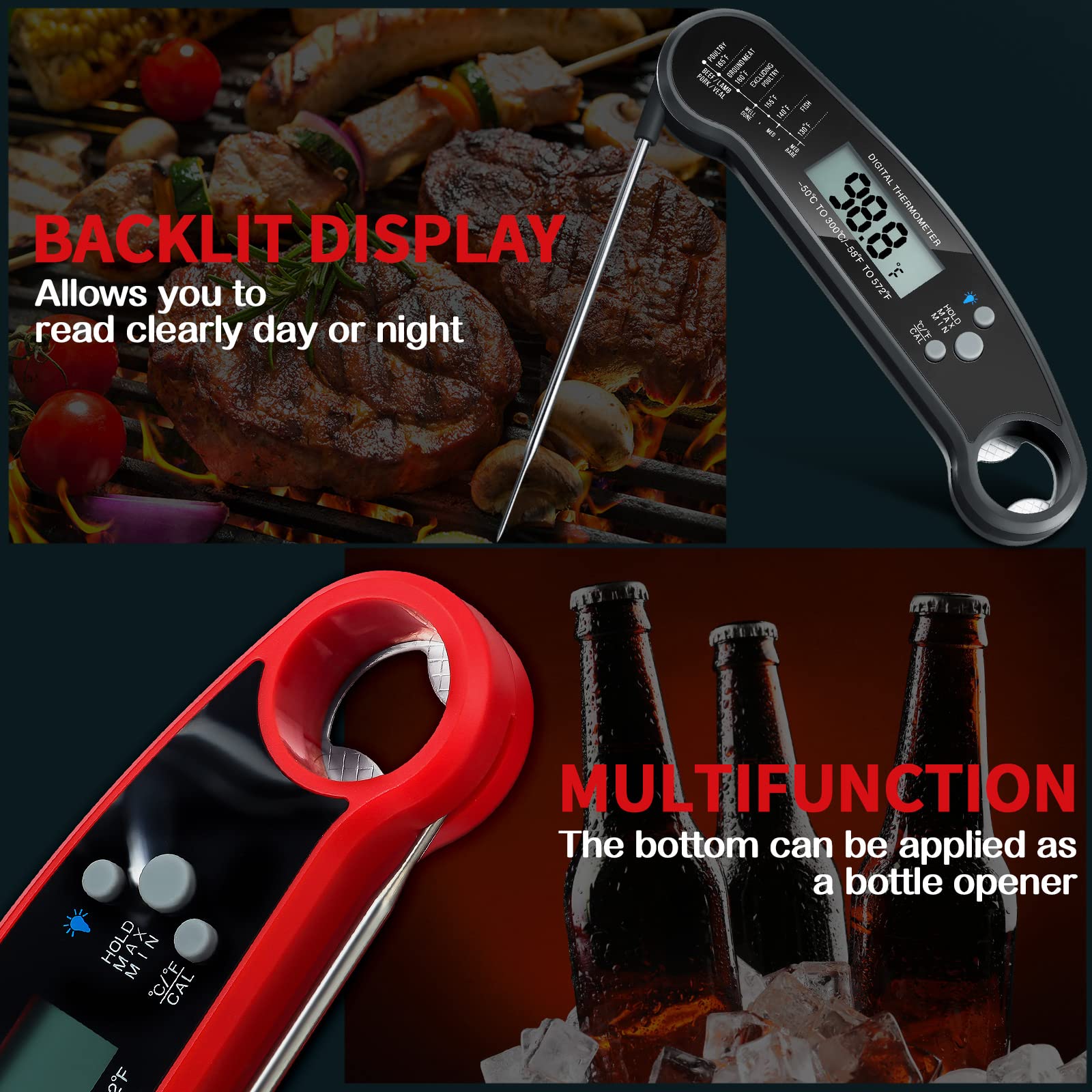 Leelosp 3 Pcs Digital Meat Thermometer with Probe Waterproof Fast Read Food Thermometer Kitchen Grilling Cooking Thermometer with Backlight Magnet and Calibration for Baking BBQ Outdoor, Red and Black