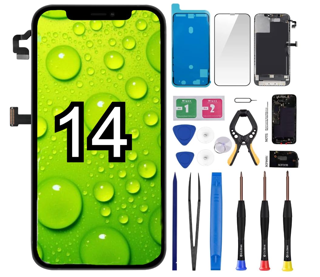 iPhone 14 Screen Replacement Kit, LCD Cellular Glass Display Repair Digitizer 6.1 inch Touch Screen with Repair Kit + Screen Protector