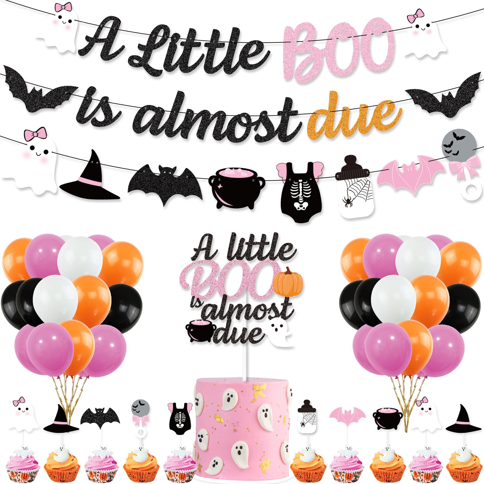 K KUMEED Pink Orange Halloween Baby Shower Decorations, A Little Boo is Almost Due Banner,Cute Ghost Baby's Bottle Cake Topper and Latex Balloons for Girls Little Boo Baby Shower Party Supplies