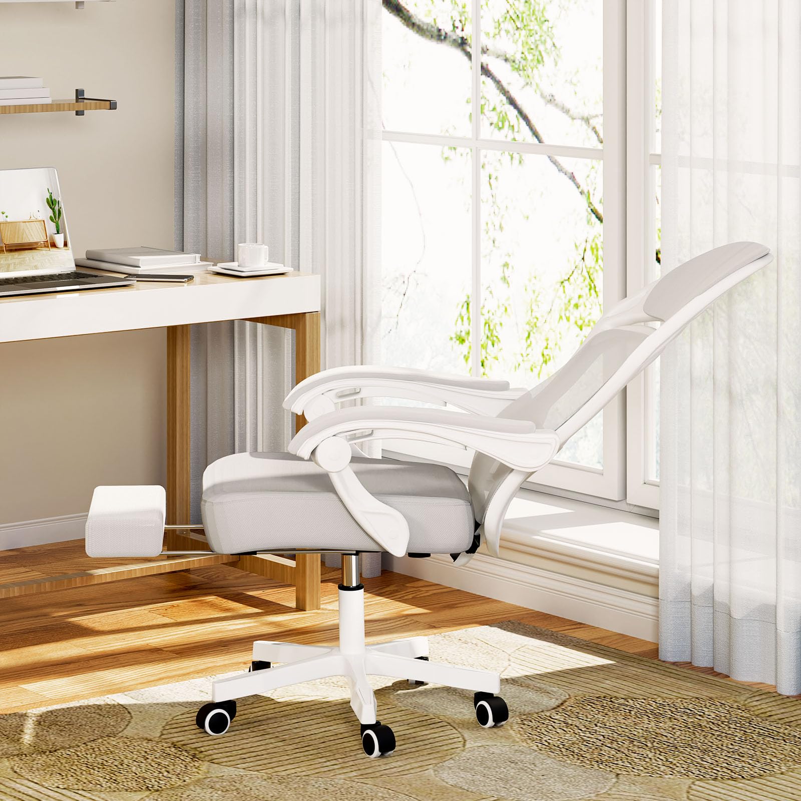 kenvc Ergonomic Office Chair with Foot Rest, Home Office Desk Chairs with Lumbar Headrest and Retractable Footrest, Mesh Office Chair Adjusts 90°-145°, Light Gray
