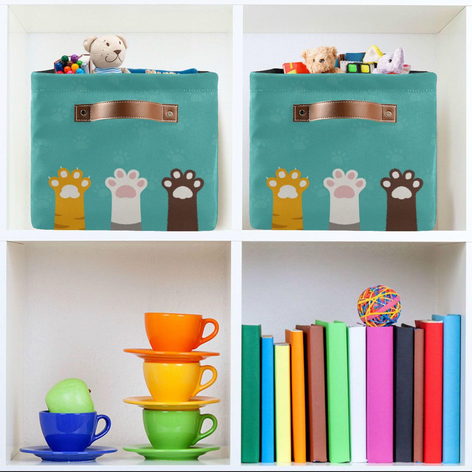 Kigai Foldable Rectangular Storage Baskets - Fabric Shelves Storage Bins with Leather Handles for Organizing Closet Clothes, Toys, Towels, Bedroom, Bathroom, Nursery, Office (Cute Cat Paws,2 PCS)
