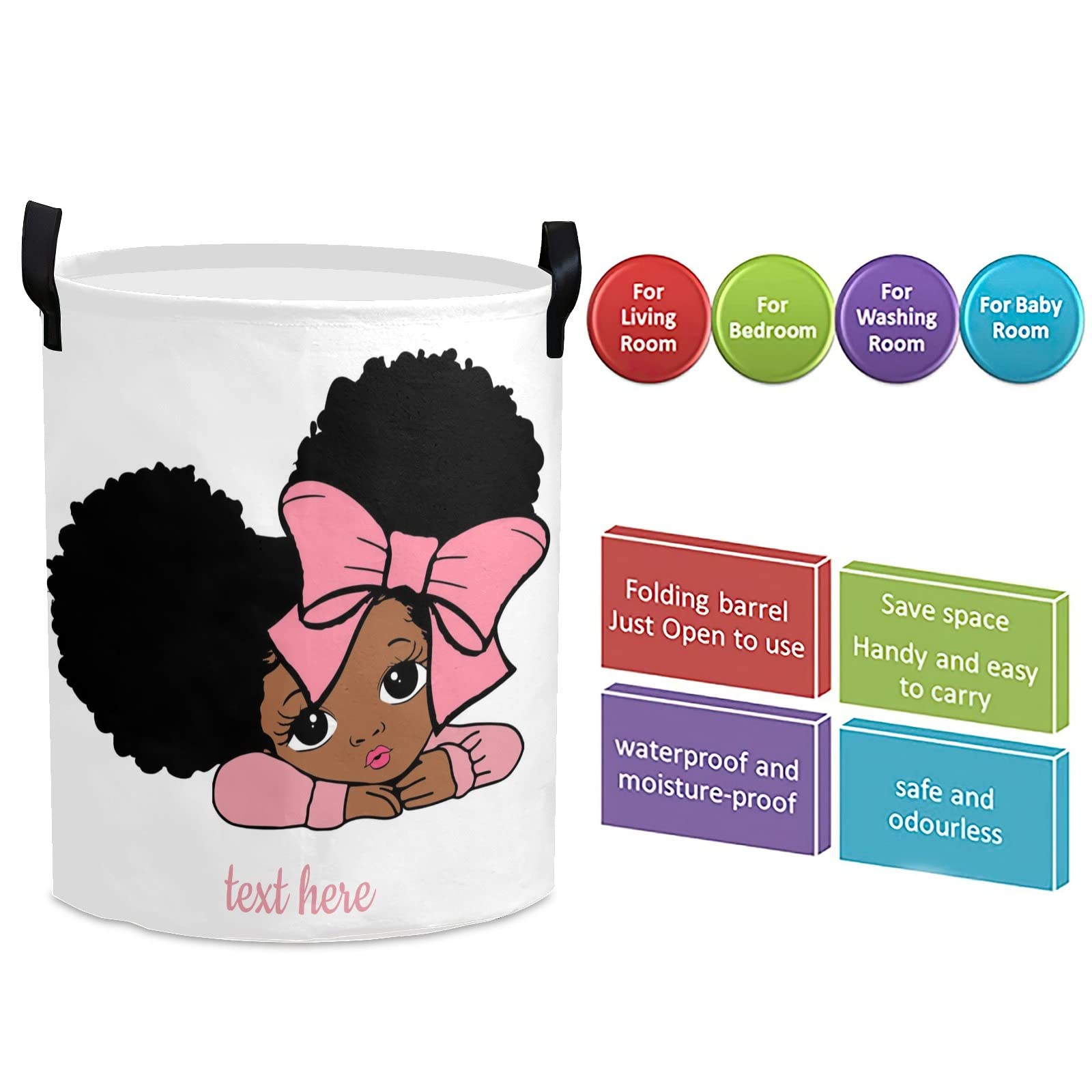 Personalized Custom Bow Tie Girl Collapsible Large Sized Clothes Hamper with Knitting Handles for Baby Girls Boys Kids Nursery Clothes Things