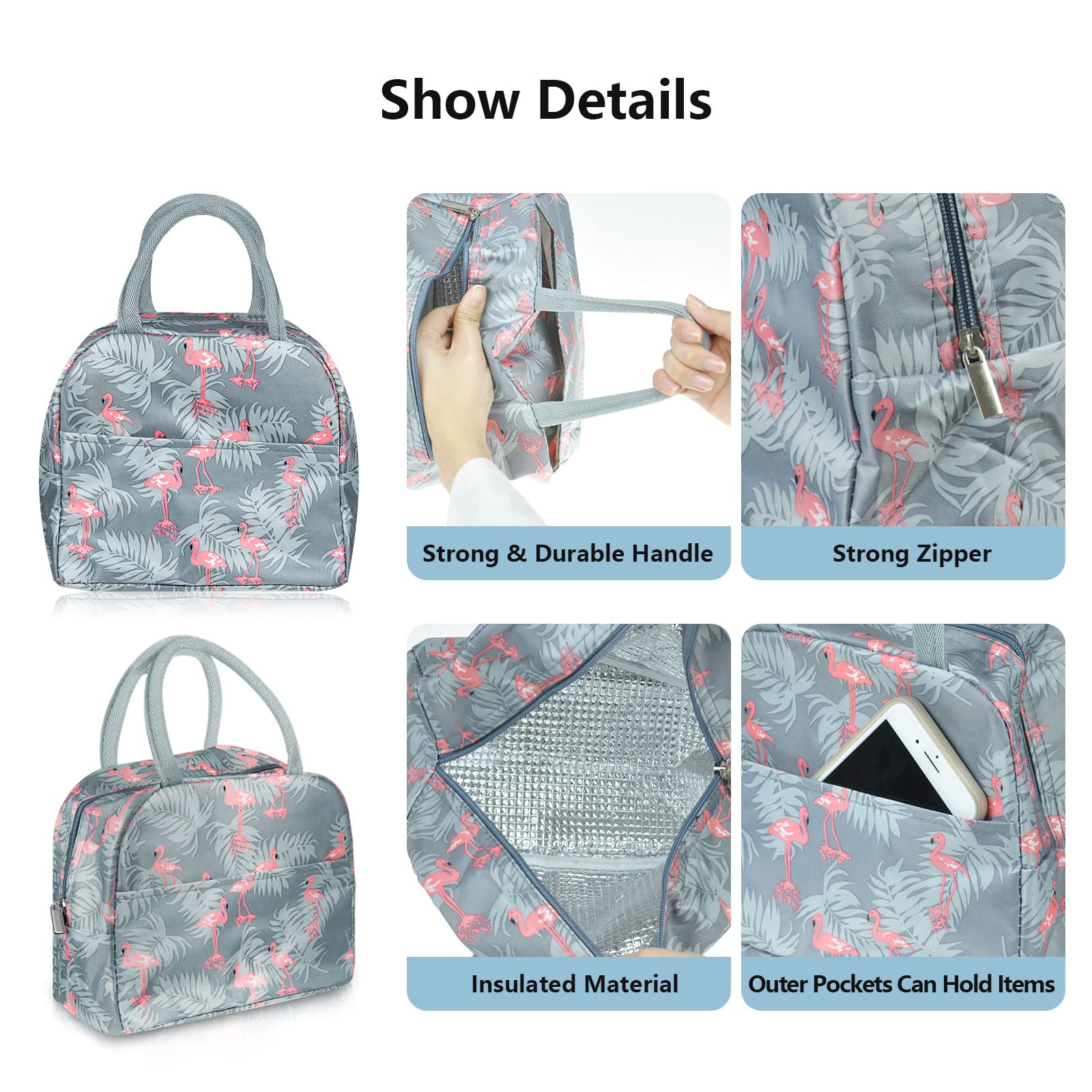 LAVAED Insulated Lunch Bag for Women, Waterproof Leakproof Lunch Tote Bag Cooler Lunch Tote Box Meal Storage Bag, for Office,Work,Beach,Travel(Flamingo)