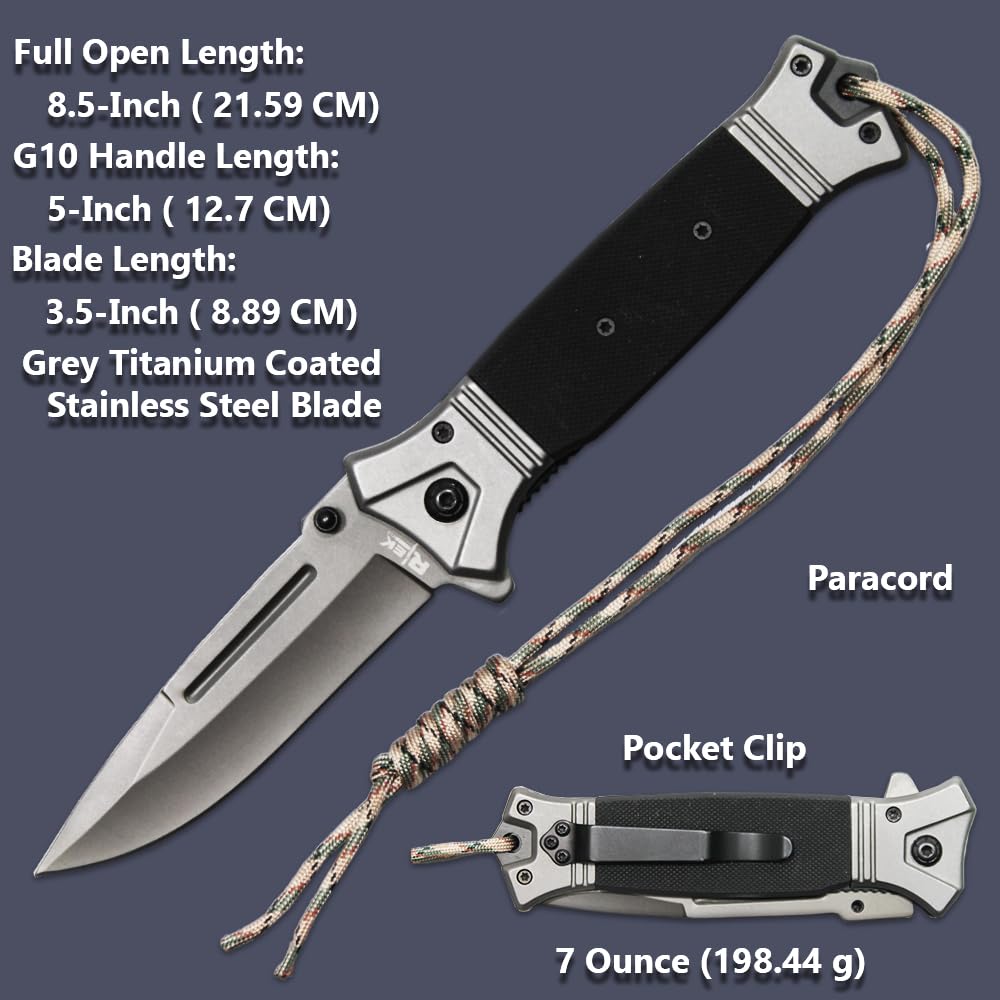 Rtek 5" G10 Handle Tactical Folding Pocket Knife with Liner Lock, Pocketclip, and Paracord (Black)