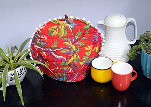 Tea Cozy Cotton Vintage Floral Tea Cosy for Teapots Keep Warm Teapot Cover Insulated Kettle Cover Tea Cozies with pom pom (Red Bird with white pom pom)