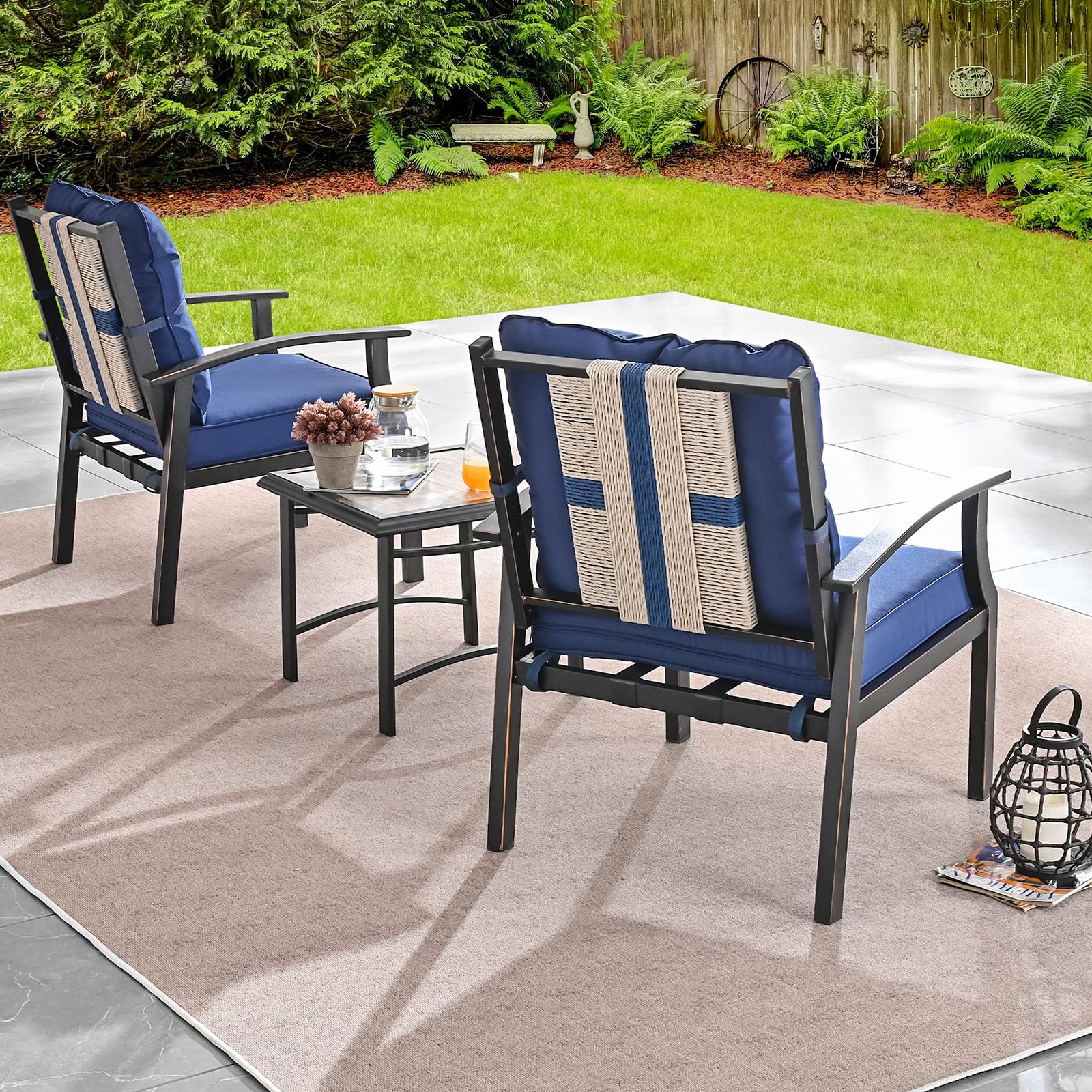 PatioFestival 3 Pieces Patio Bistro Set Outdoor Furniture Set with Coffee Table Patio Single Chairs with Cushion,for Poolside, Garden, Balcony(Bule)
