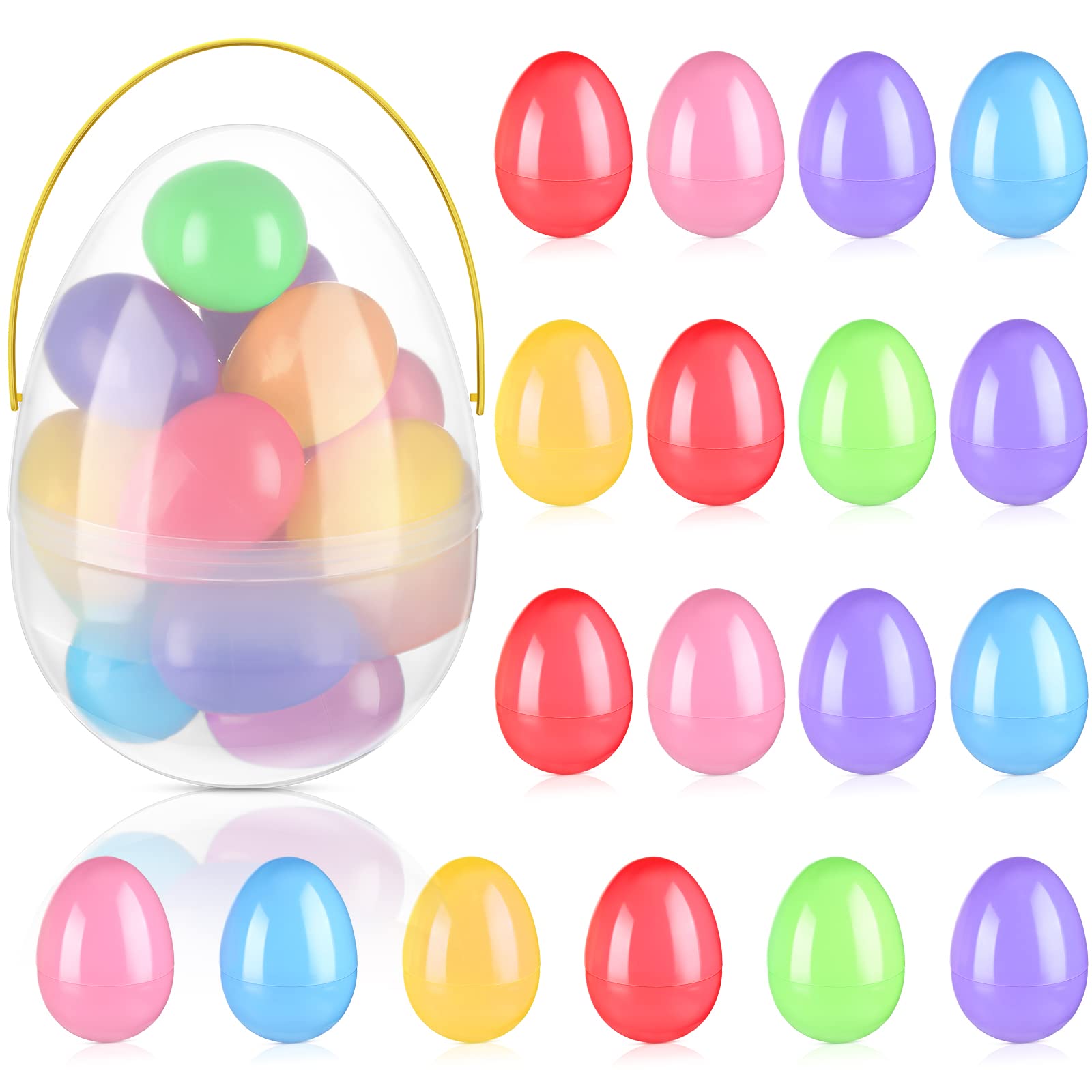 Jumbo Easter Egg Plastic Fillable Basket with 17 Easter Eggs Bulk Large Eggs Container Giant Clear Egg-Shaped Buckets with Handles for Easter Supplies and Decor, Surprise Egg, Easter Hunt (1 Pack)