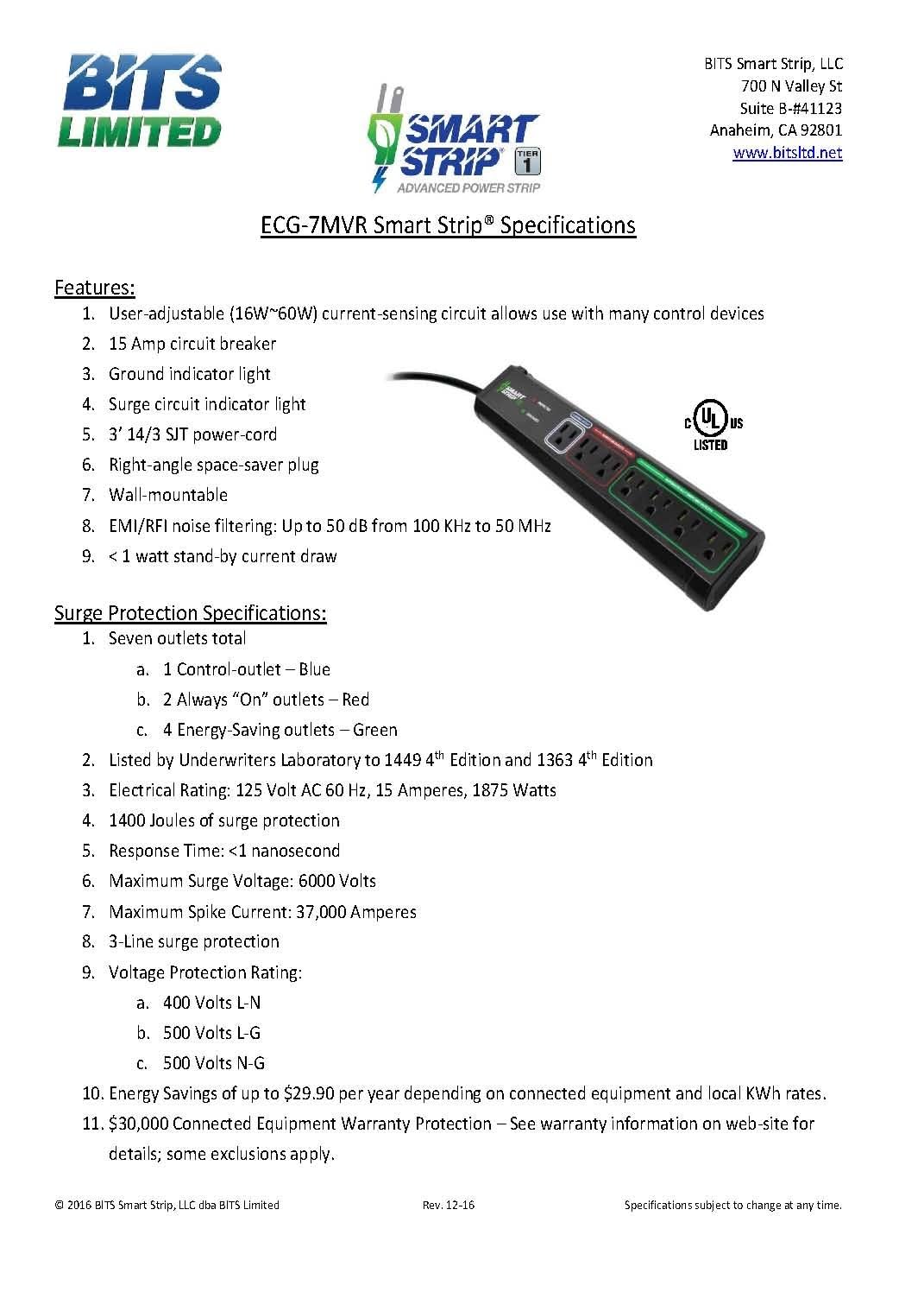 Smart Strip ECG-7MVR Energy Saving Surge Protector with Autoswitching Technology, 7 Outlet