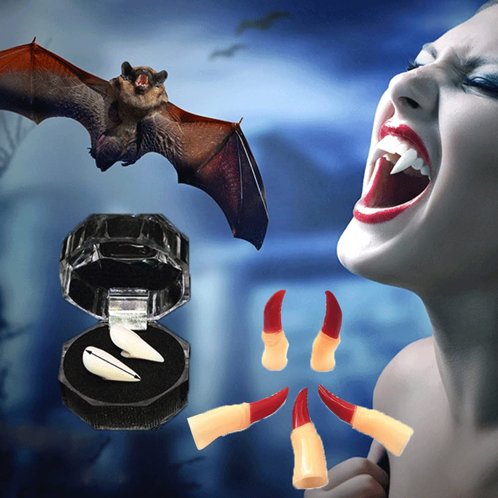 MDRTIRIM Horror Halloween Party Vampire Dentures Zombie Dentures Sharp Teeth Small Tiger Teeth Braces Role-Playing Makeup Costume Accessories Crystal Box With Witch Fake Fingernails.