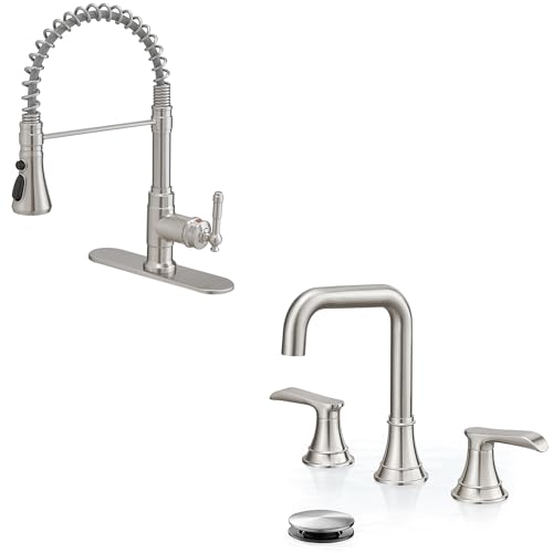 HOIGY Brushed Nickel Pull Down Kitchen Faucet and Bathroom Sink Faucet Set, 3-Function Pull-Out Kitchen Faucets with Deck Plate, 3 Hole Widespread Bathroom Sink Faucet with Pop-up Drain