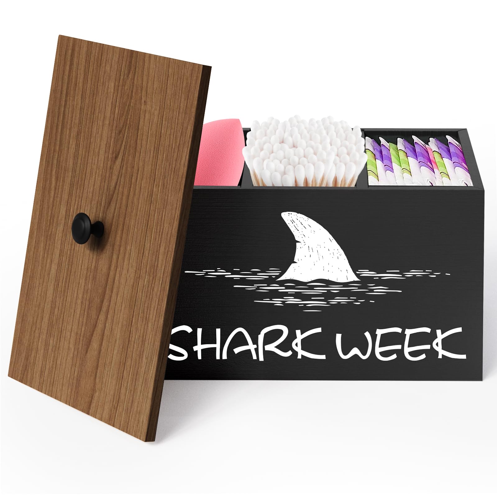 Tampon Holder For Bathroom, Tampon Storage Container,Feminine Product Organizer,Removable Organizer,Shark Week Wood Box With Lid, Tampon Organizer,Christmas Gifts for Mom and Female Friends (Black)