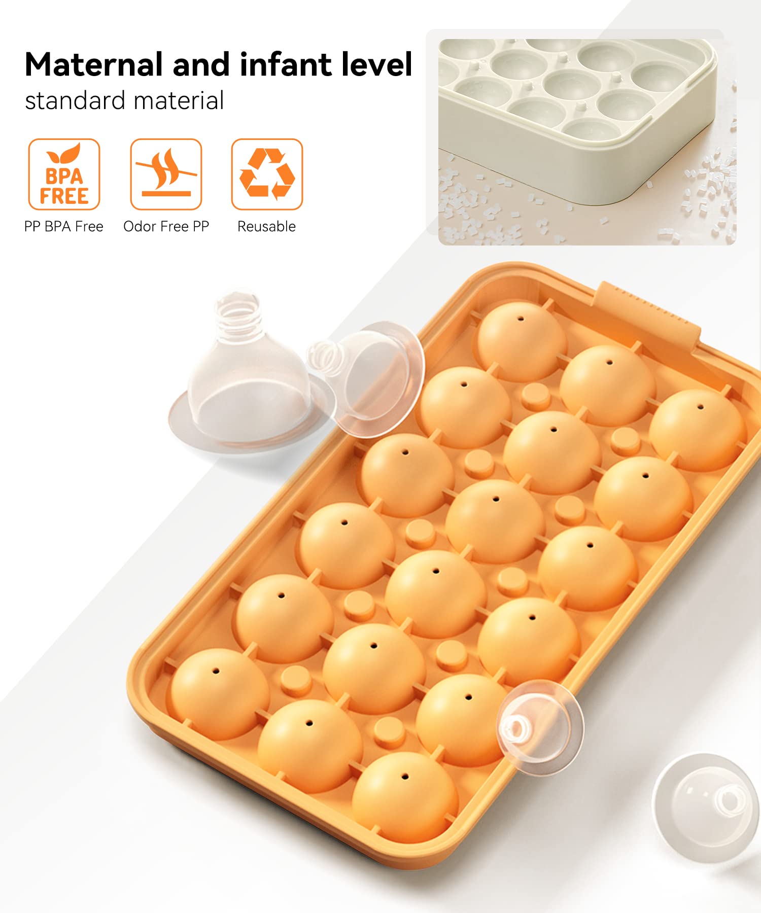 longzon Round Ice cube Trays for Freezer,Easy-Release Silicone,Circle Ice cube tray Making Sphere Ice with Removable Lid,BPA Free,for Cocktail,Whiskey Tea Coffee 2 Trays 1 ice Bucket & Scoop [2 pack]