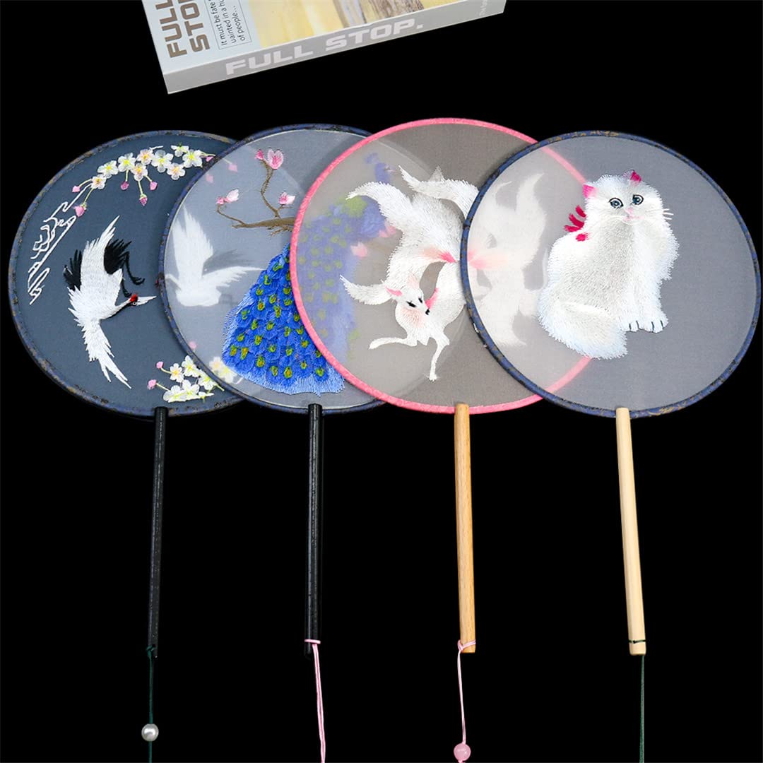 Lmtossey Chinese Fan Double-Sided Embroidery Peacock Kitten Animal Pattern Round Fan Ancient Costume Hanfu Cheongsam Decorative Crafts