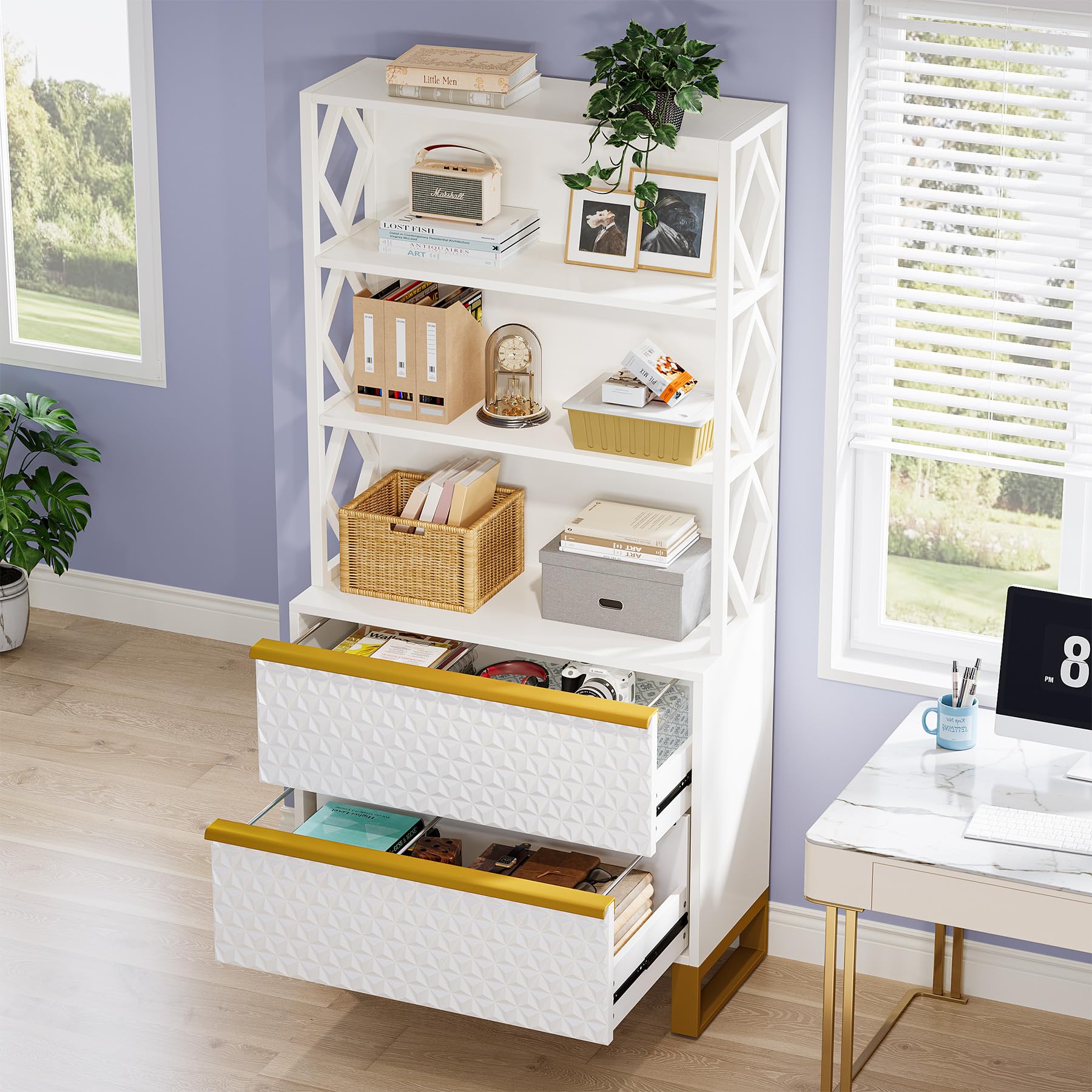 Tribesigns 4-Tier Bookshelf with 2 Drawers, 71" Tall White and Gold Bookshelf with Open Shelves & Drawer, Modern Bookcase Display Book Shelf Organizer for Bedroom, Living Room, Home Office