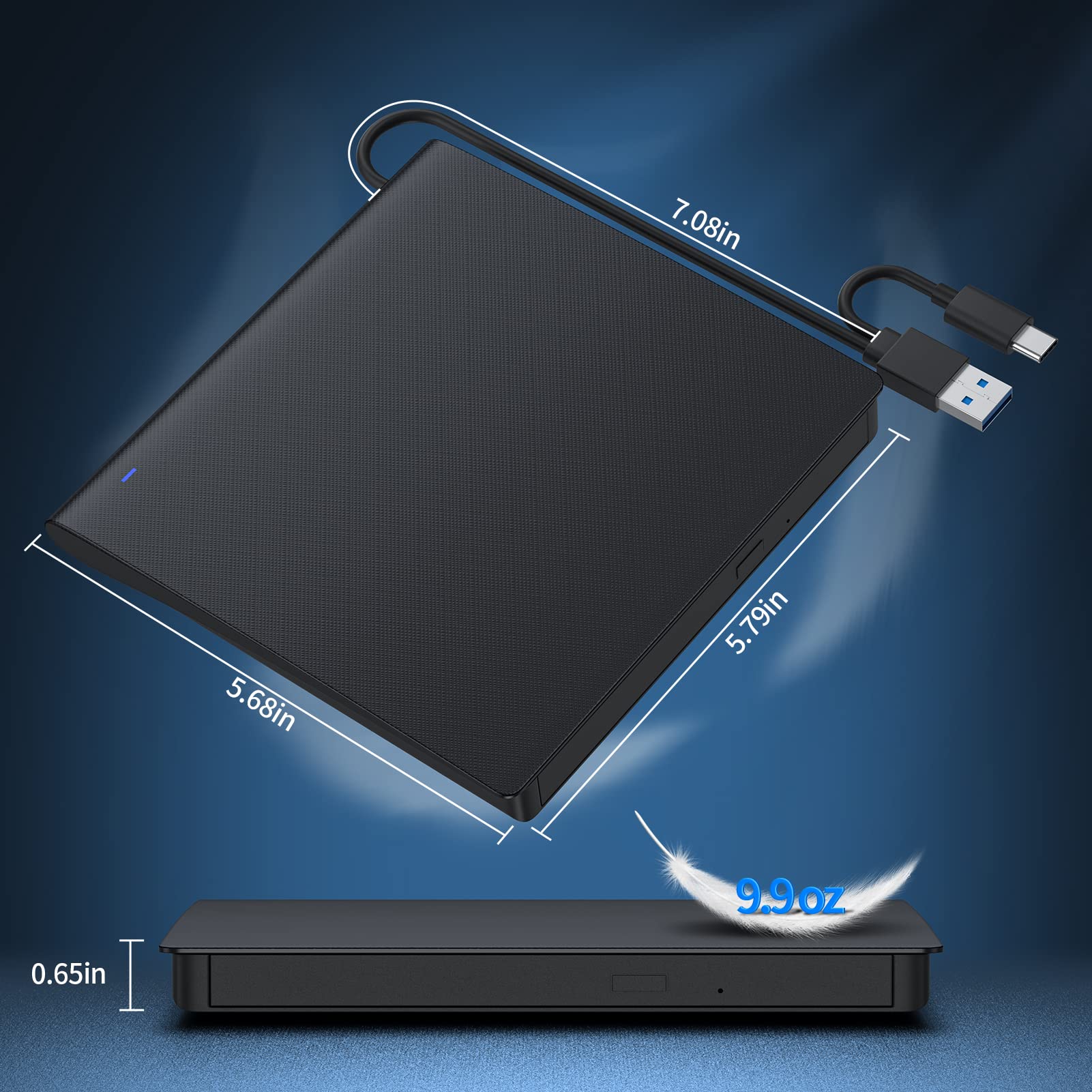 OOCLCURFUL External CD/DVD Drive for Laptop, USB 3.0 Type-C Portable CD/DVD Optical Drive Player Reader Writer CD Burner, Compatible with Laptop Desktop PC MacBook Mac Windows Linux OS (Jet Black)