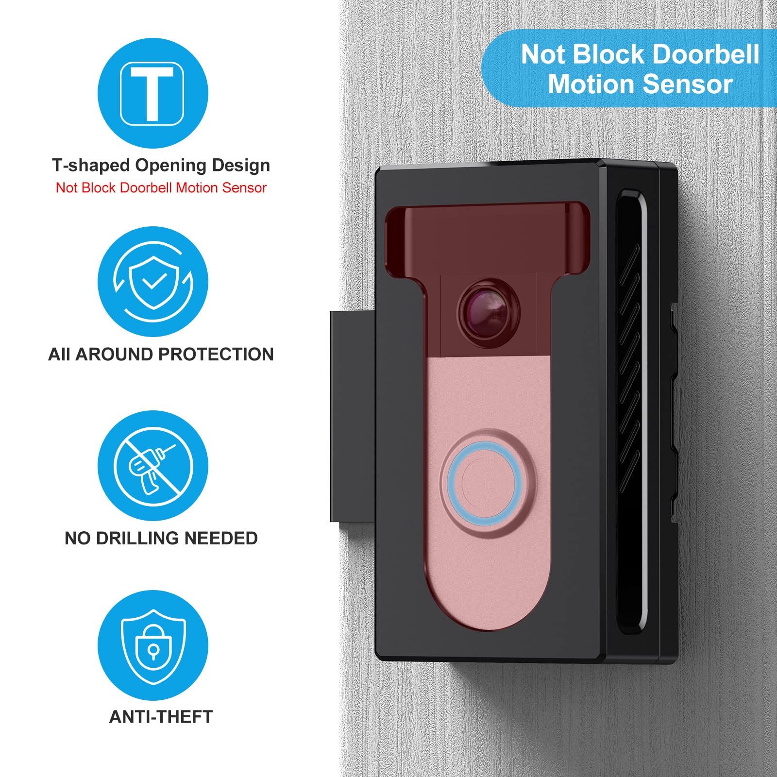 ODSD Anti-Theft Video Doorbell Mount, No-Drill Doorbell Mount, Not Block Doorbell Motion Sensor, Adjustable Mounting Bracket Kits for Apartment Home Renters Coal Black