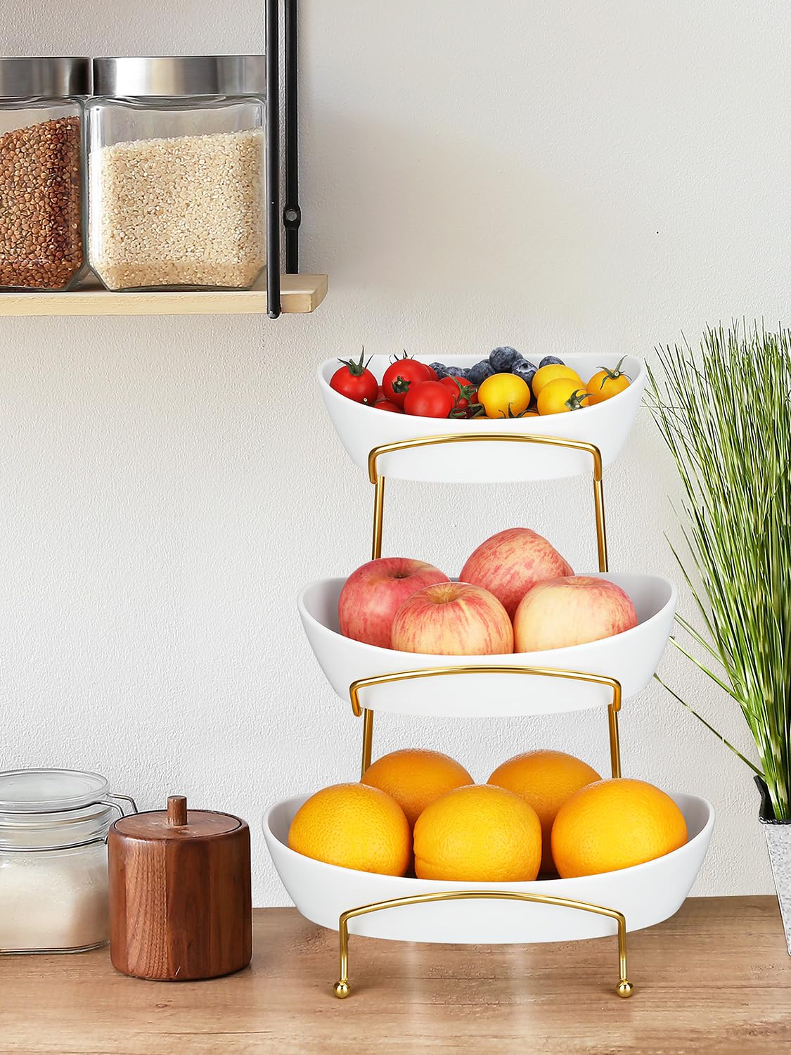 Yedio Fruit Bowls for Kitchen Counter, 3 Tier Ceramic Fruit Basket with Serving Bowls Metal Stand, Tiered White Porcelain Bowls for Fruit Vegetable Storage, Snack, Nuts, Cake, Dessert