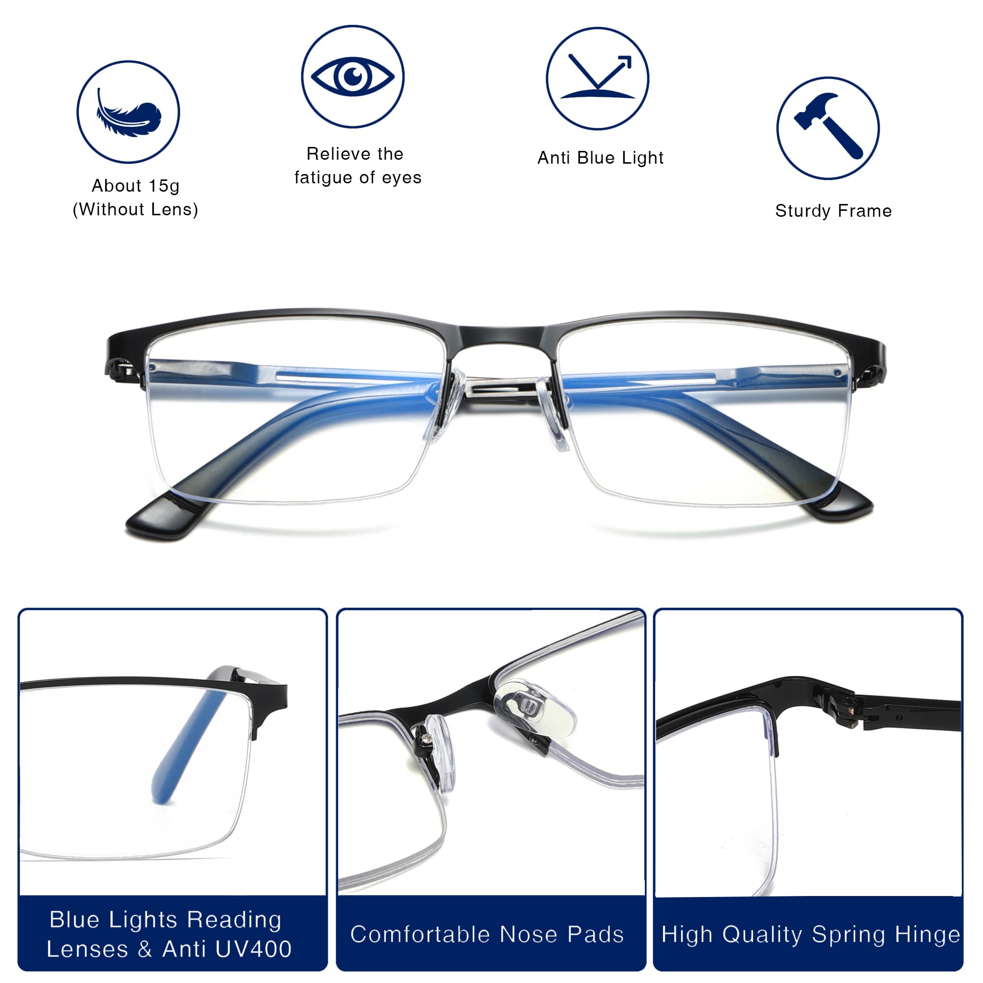 Reading Glasses for Men, Blue Light Blocking Readers, Half Frame Metal Readers Spring Hinge 5-Pack +1.0
