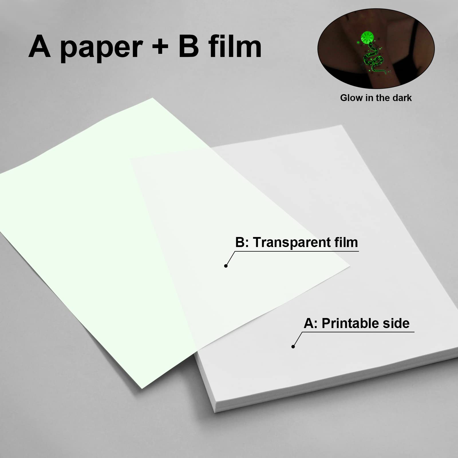 MECOLOUR Printable Temporary Tattoo Paper Luminous 8.5"X11" 5 Sets for Inkjet Printer, Personalized DIY Image Transfer Decal Paper for Skin, For Celebrate Festivals, Parties, Birthday Bashes,New Year