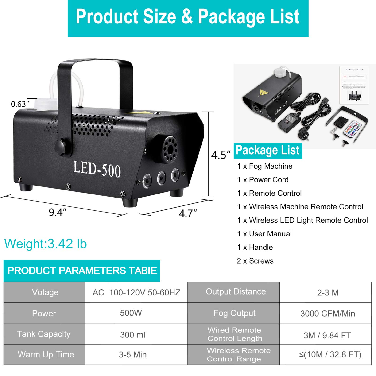 IPHUNGO 500W & 3000 CFM Fog Smoke Machine Controllable Lights with Fuse Protection - 3 LED Lights & 13 Colors & 1 Wired Receiver and 2 Wireless Remote Controls Perfect for Wedding, Party, Stage Effect