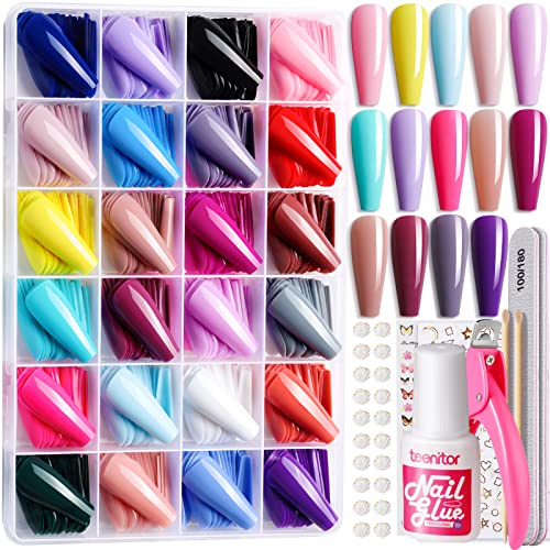 Teenitor Long Coffin Press On Nails Full Cover Color Nail Tips, 576pcs Fake Nails, Long Ballerina False Nails, 24 Colors Glue On, Acrylic Nail Clipper, Nail Art Stickers for DIY Fake Nails