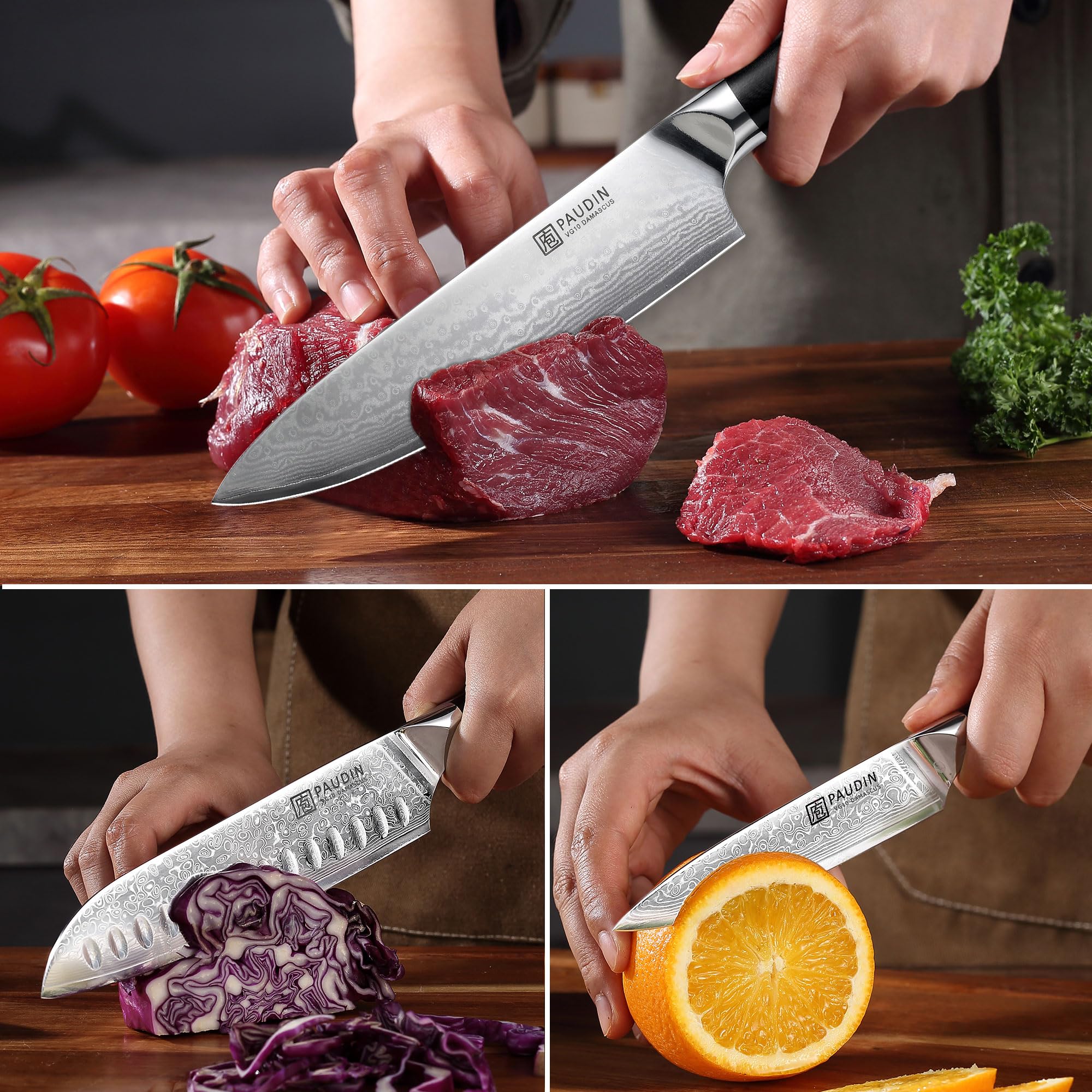 PAUDIN Damascus Knife Set 3 PCS, Kitchen Knife Set with Japanese VG10 Steel Core, Ultra Sharp Chef Knife Set with Full Tang G10 Handle, Damascus Kitchen Knives