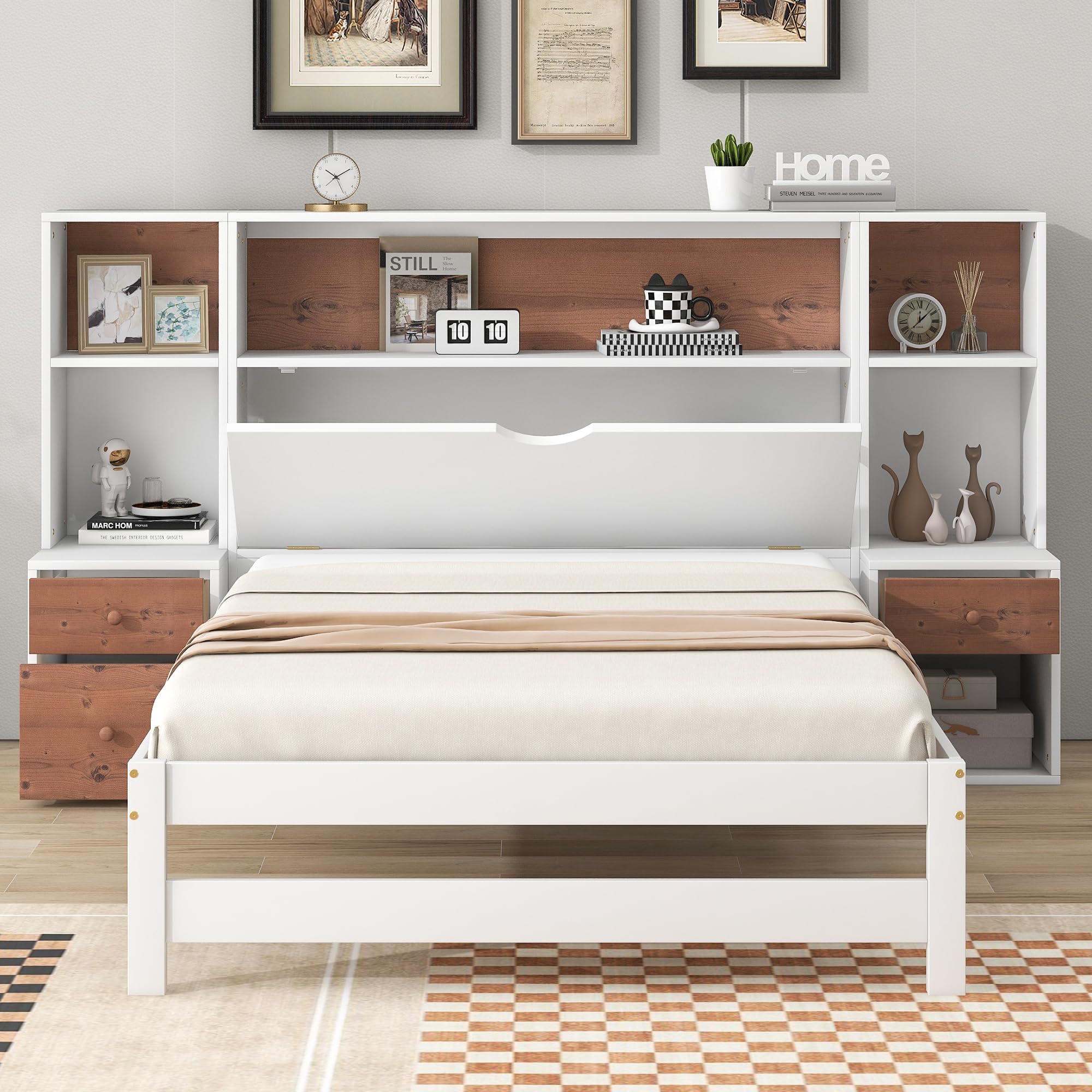 Twin Bed Frame with Storage Headboard and Drawers, Wood Twin Size Platform Bed with Flip-top Storage and Open Shelves, Twin Size Bed with Bookcase and Built in Nightstands, White (Twin)