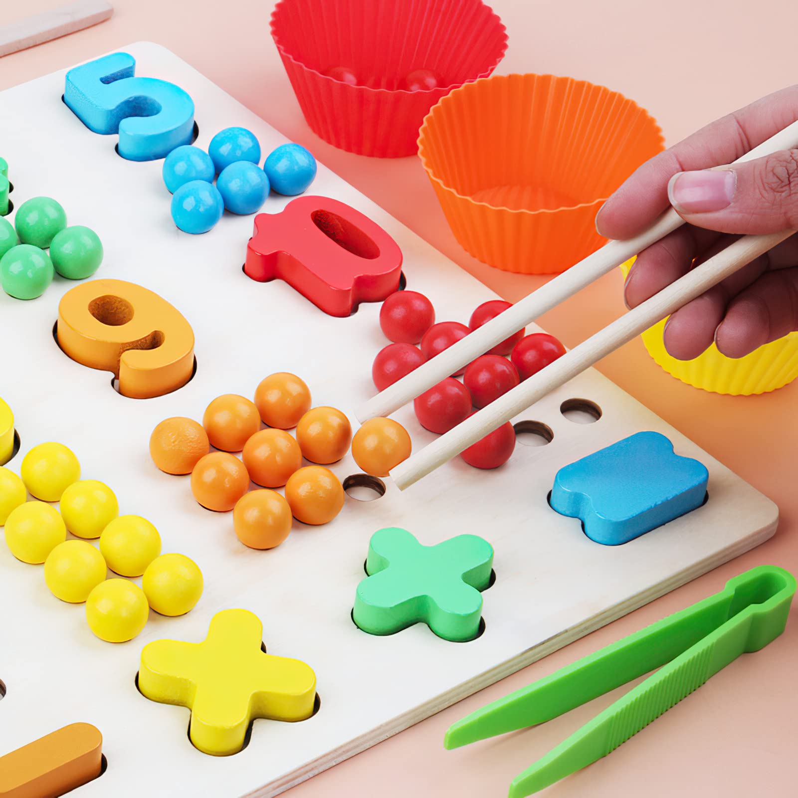 MIKNEKE Montessori Number Counting Peg Board Beads Game, Wooden Math Manipulative Materials for Preschool, Number Montessori Learning Toy for Toddlers & Kindergarteners (Beads Board)
