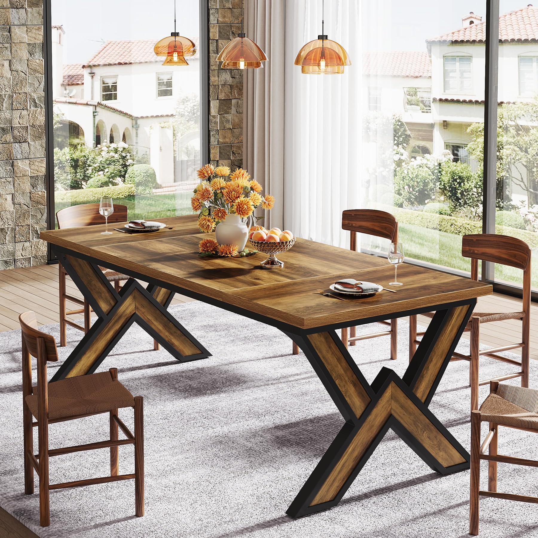 Tribesigns 63" Farmhouse Dining Table for 4-6, Rectangular Kitchen Dinner Table with Unique Legs, Wood Kitchen & Dining Room Furniture, Rustic Brown & Black