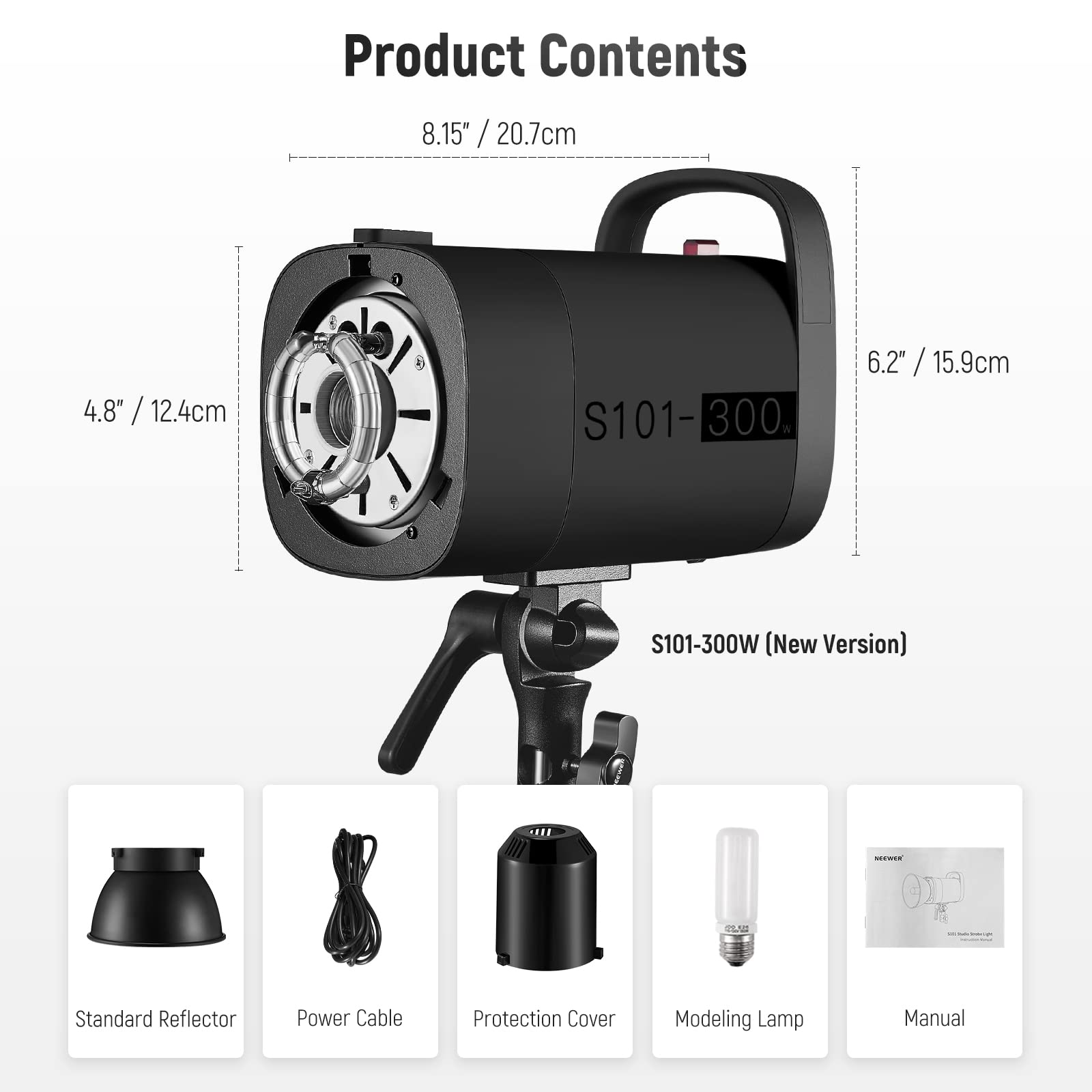 NEEWER Upgraded S101-300W Studio Monolight Strobe Flash 300W 5600K All Metal with Optical Slave Mode, Adjustable Brightness/Modeling Lamp/Bowens Mount/Silent Fan for Product Portrait Photography