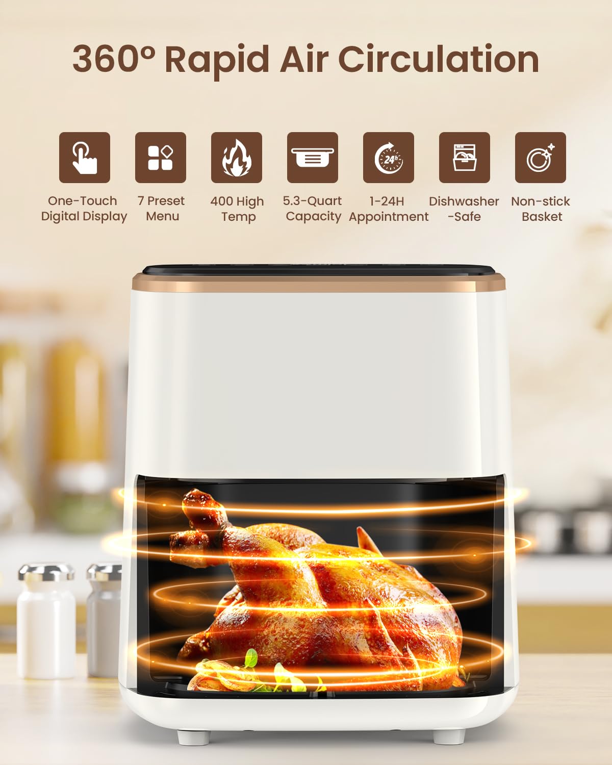 VEWIOR Air Fryer, 5.3Qt Airfryer with Viewing Window, 7 Custom Presets Large Air Fryer Oven with Smart Digital Touchscreen,Non-stick and Dishwasher-Safe Basket