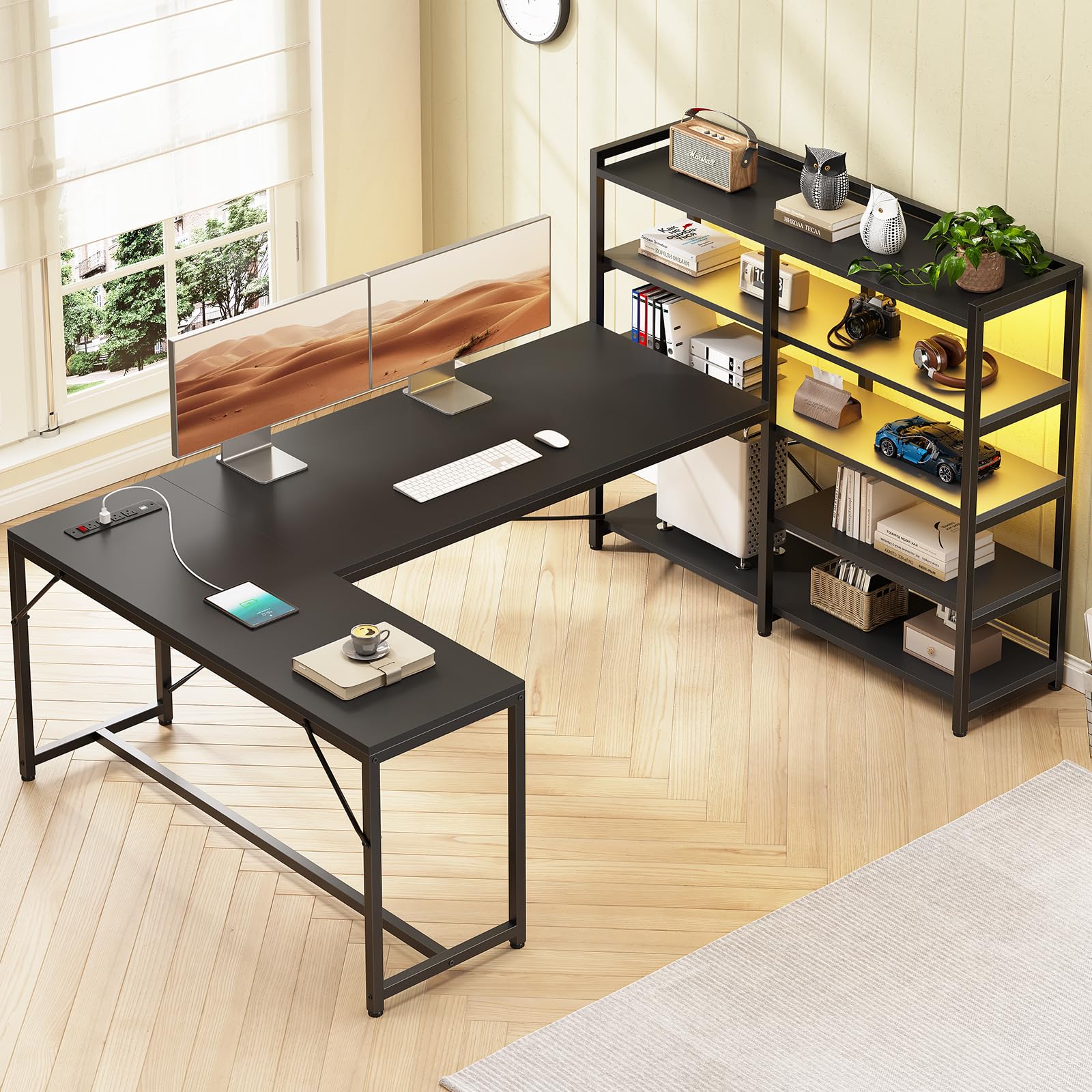 SEDETA L Shaped Desk with Storage Shelves, 62.6" U Shaped Computer Desk, L Shaped Gaming with LED Lights and Hook for Home Office, Rustic Brown