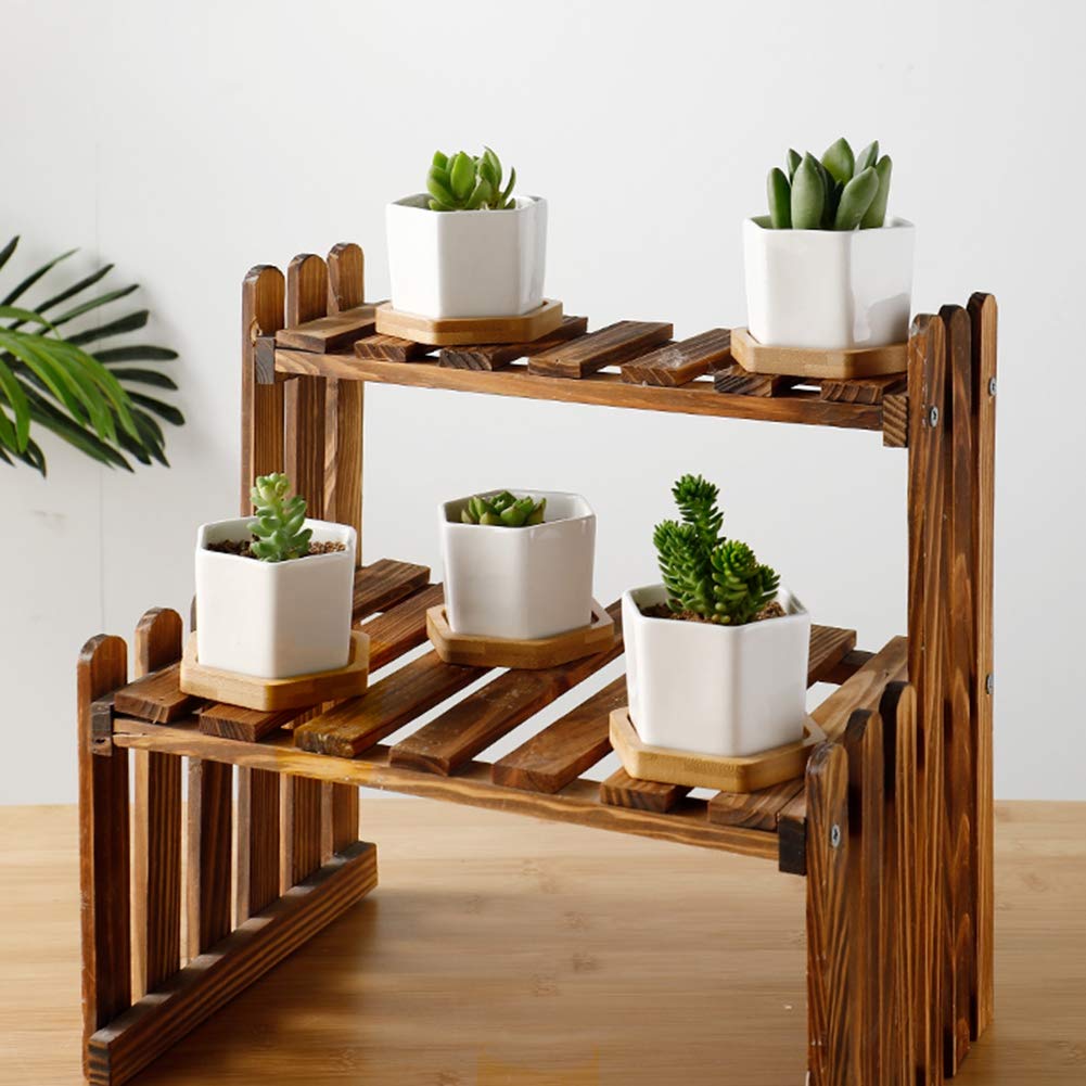 Ochine 3 Inches Ceramic Cactus Flower Pot with Bamboo Tray Small Succulent Planter Modern Indoor Outdoor Plant Pots Set Home Planters Container Bonsai Pots with Drainage Hole