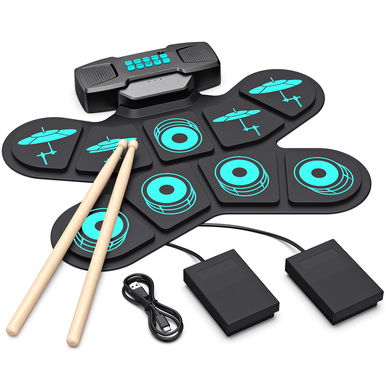 Ludysic Electronic Drum Pads, 9 Pads Roll-up Practice Drum Set Built-in Dual Speaker and Headphone Jack,Drum Sticks and Drum Pedals,Ideal Birthday Holiday Drum Sets Gift