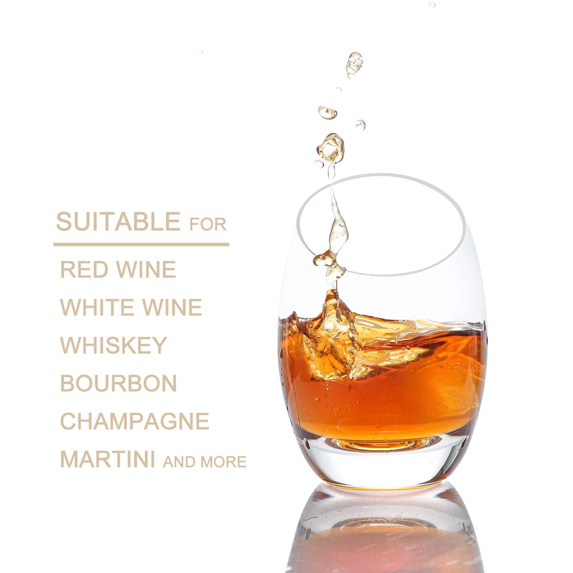 Lysenn Stemless Wine Glasses Set of 2 - Designer Hand Blown Crystal Whiskey Glasses - Unique Gold Base and Tilted Rim Brandy Snifter for Red Wine, Cocktails, Bourbon and Champagne β 10 oz.