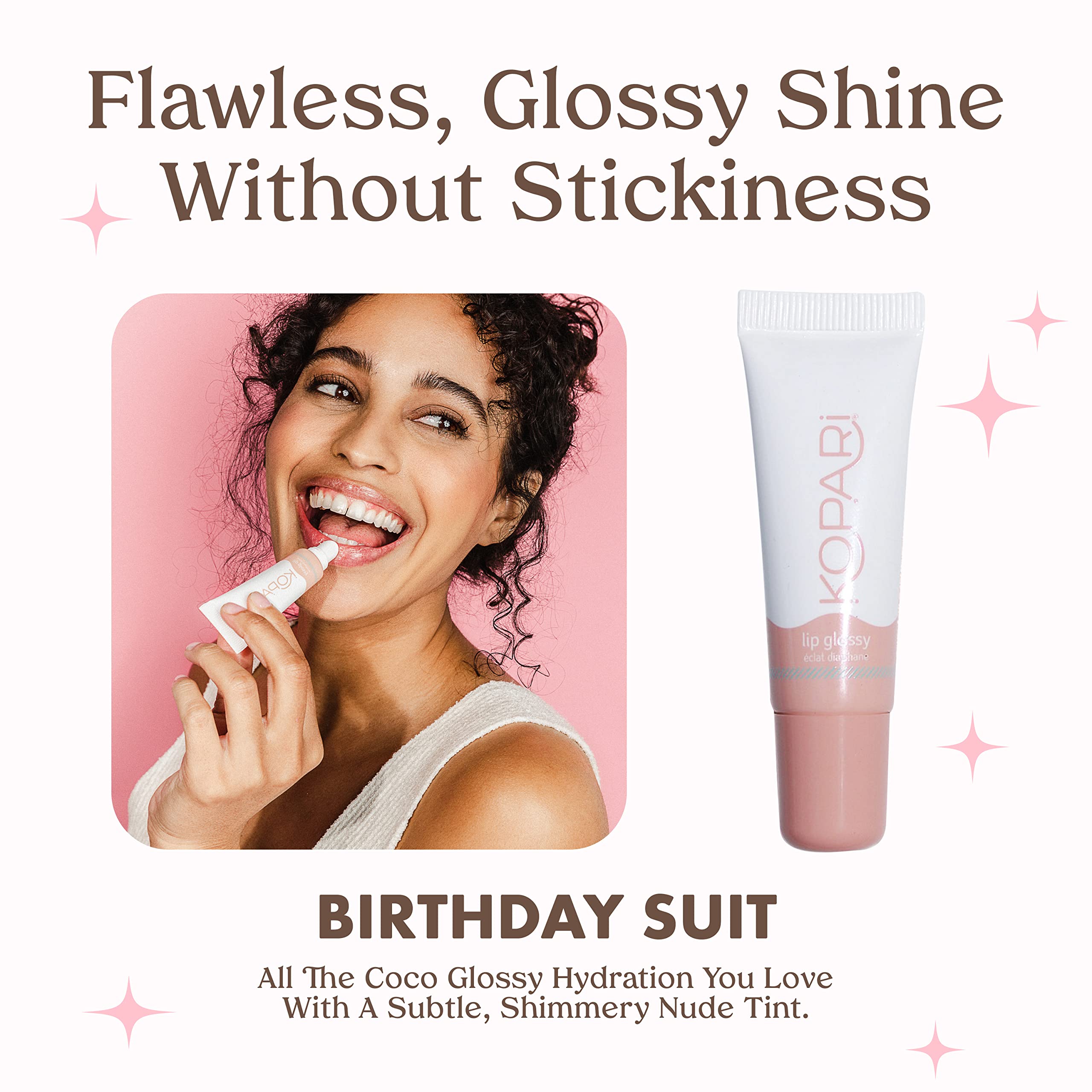 Kopari Coconut Lip Glossy | Nude Tint Birthday Suit | Vegan Hydrating Moisturizing Lip Oil Vitamin E Shea Butter Long Wear High Shine Non Sticky | Natural Clean Plant Based Non Toxic Balm Paraben Free