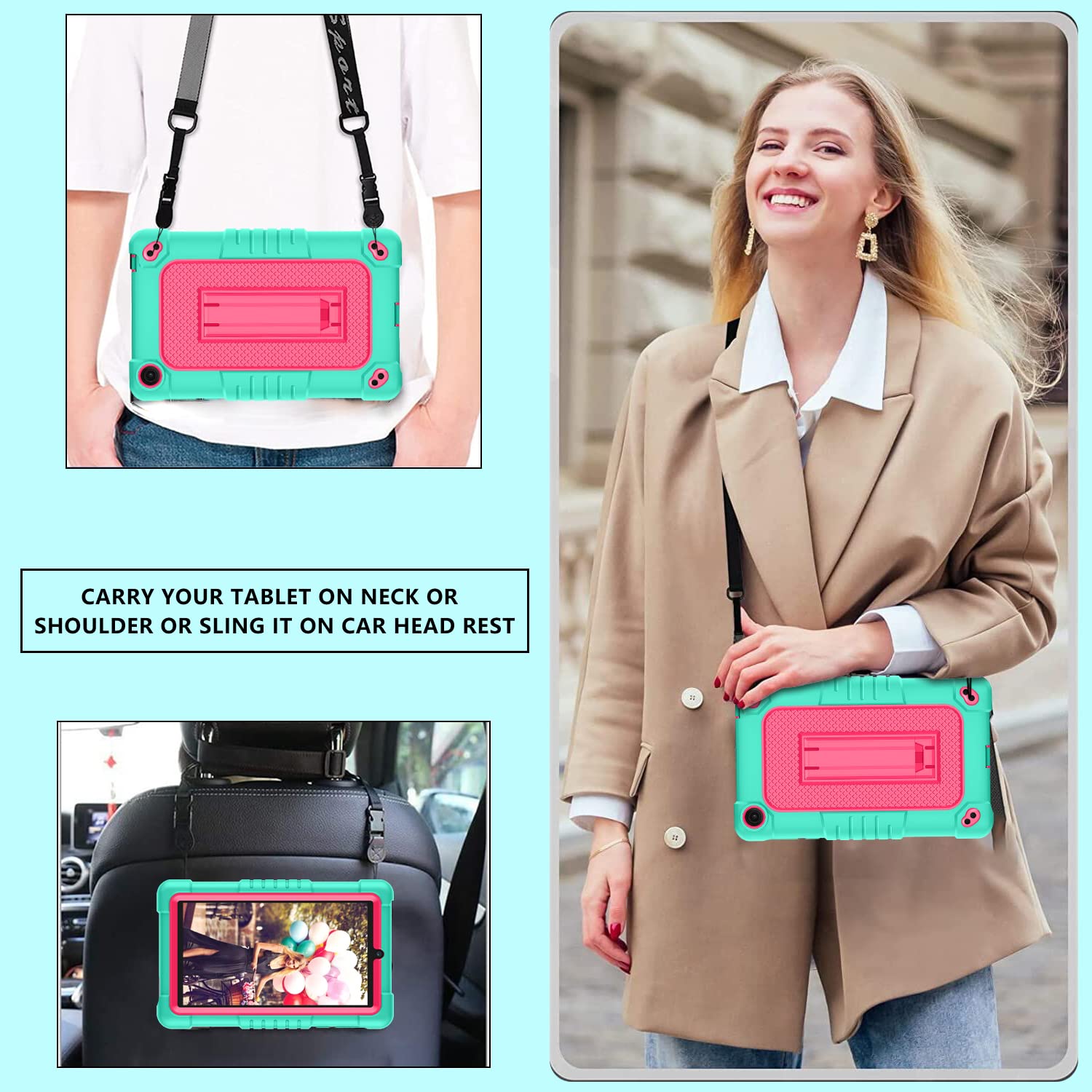 Mignova for Walmart Onn 7 2022 Model Gen 3 7 inch/for New Walmart Onn 7 3rd Gen 100071481 Tablet Case Shockproof Kids Friendly Armor Case Kickstand Shoulder Hand Strap Protective Shell (Green+Pink)