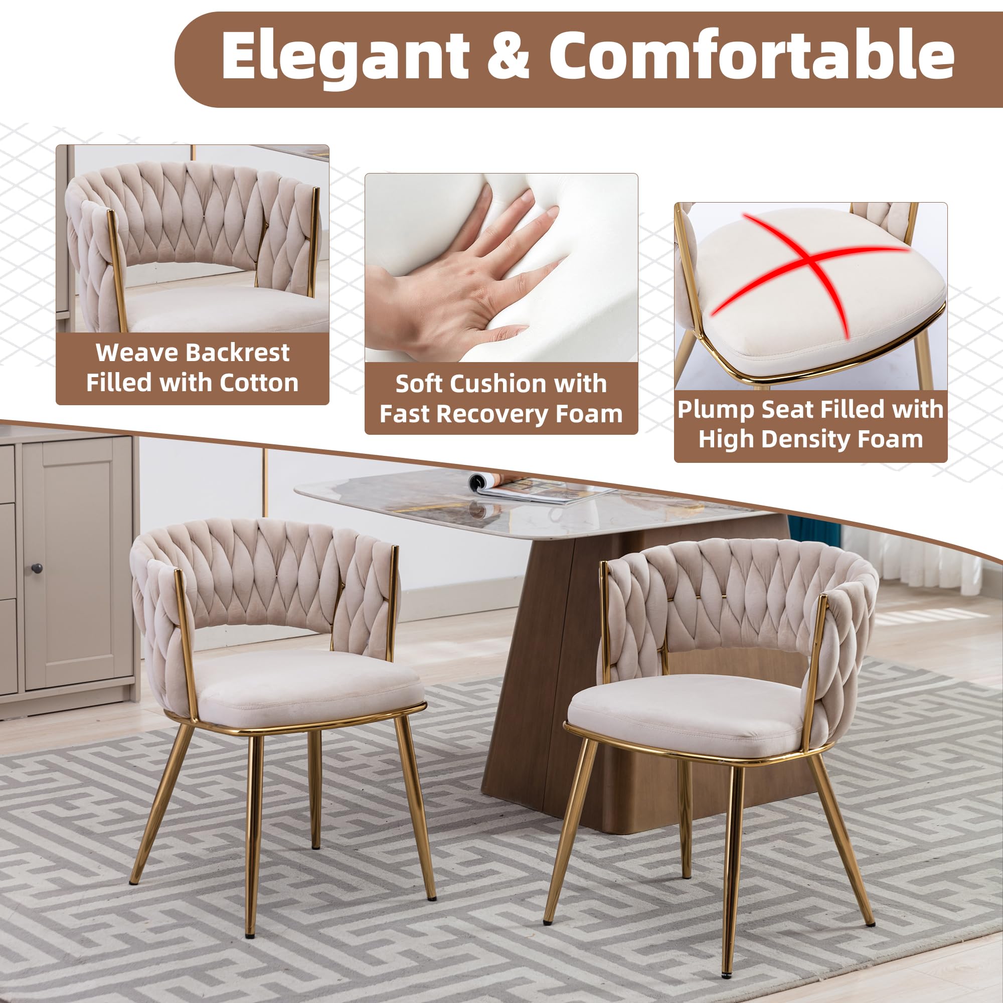GOOLON Woven Dining Chairs Set of 2, Velvet Upholstered Dining Room Chairs, Tufted Chairs with Tall Round Comfy Backrest Comfortable Armrest Golden Sturdy Metal Legs for Kitchen Black