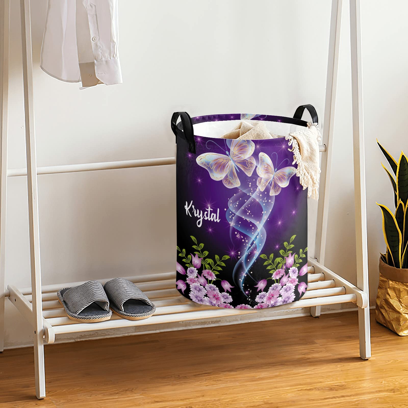 Personalized Custom Fantasy Butterfly Pretty Collapsible Large Sized Clothes Hamper with Knitting Handles for Baby Girls Boys Kids Nursery Clothes Things