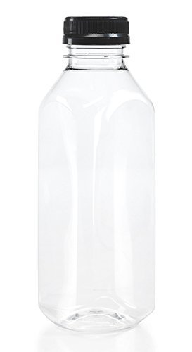 VTM (25) 16 oz. Clear Food Grade Plastic Juice Bottles, Square with Black Caps (25/Pack)