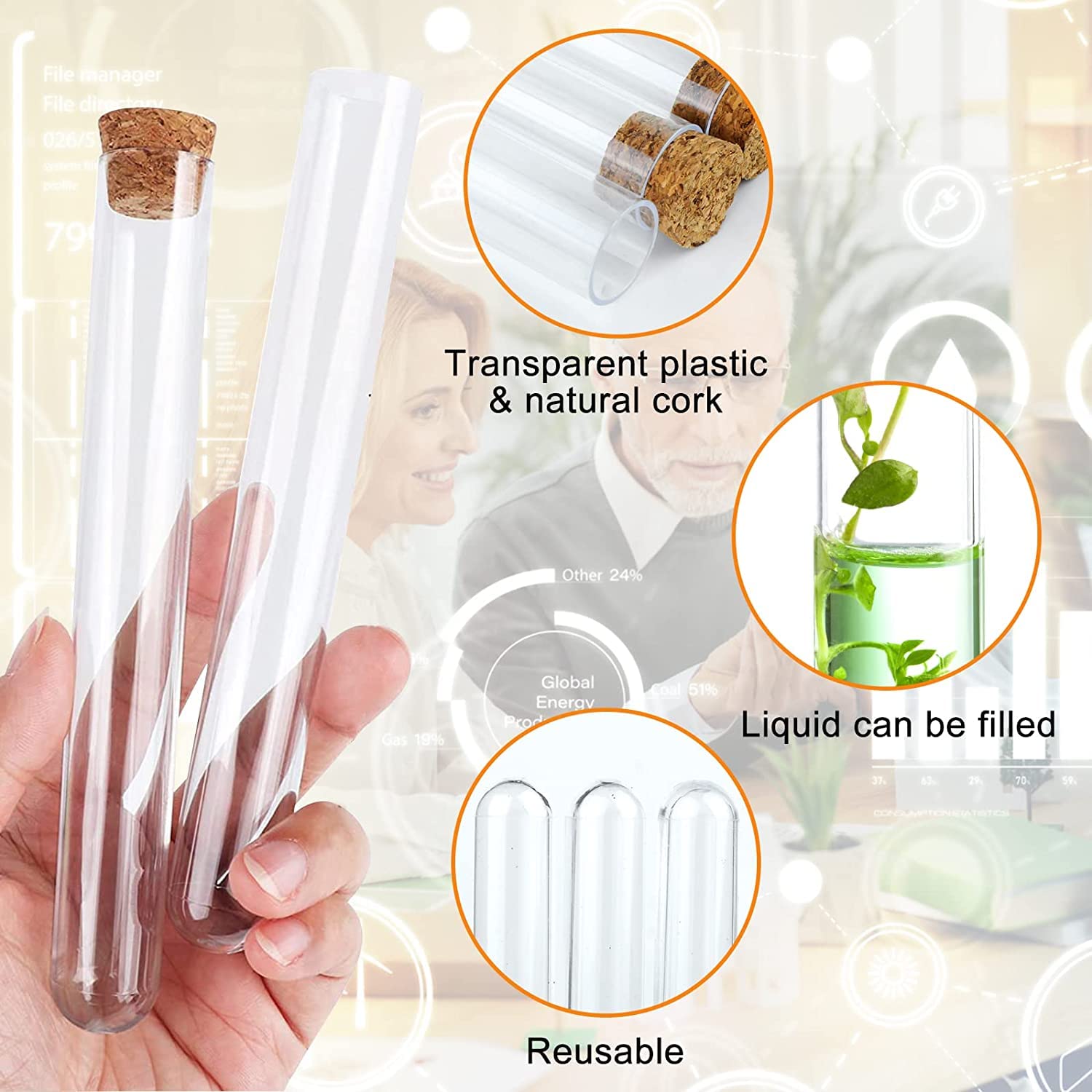 Plastic Test Tubes with Cork Stoppers: 40 Pcs 20ml Test Tubes, Plastic Test Tubes with Cork + Kraft Paper Labels + Twine + Funnels, Plastic Tubes for Scientific Tests, Candy, Bath Salt (150x16mm)