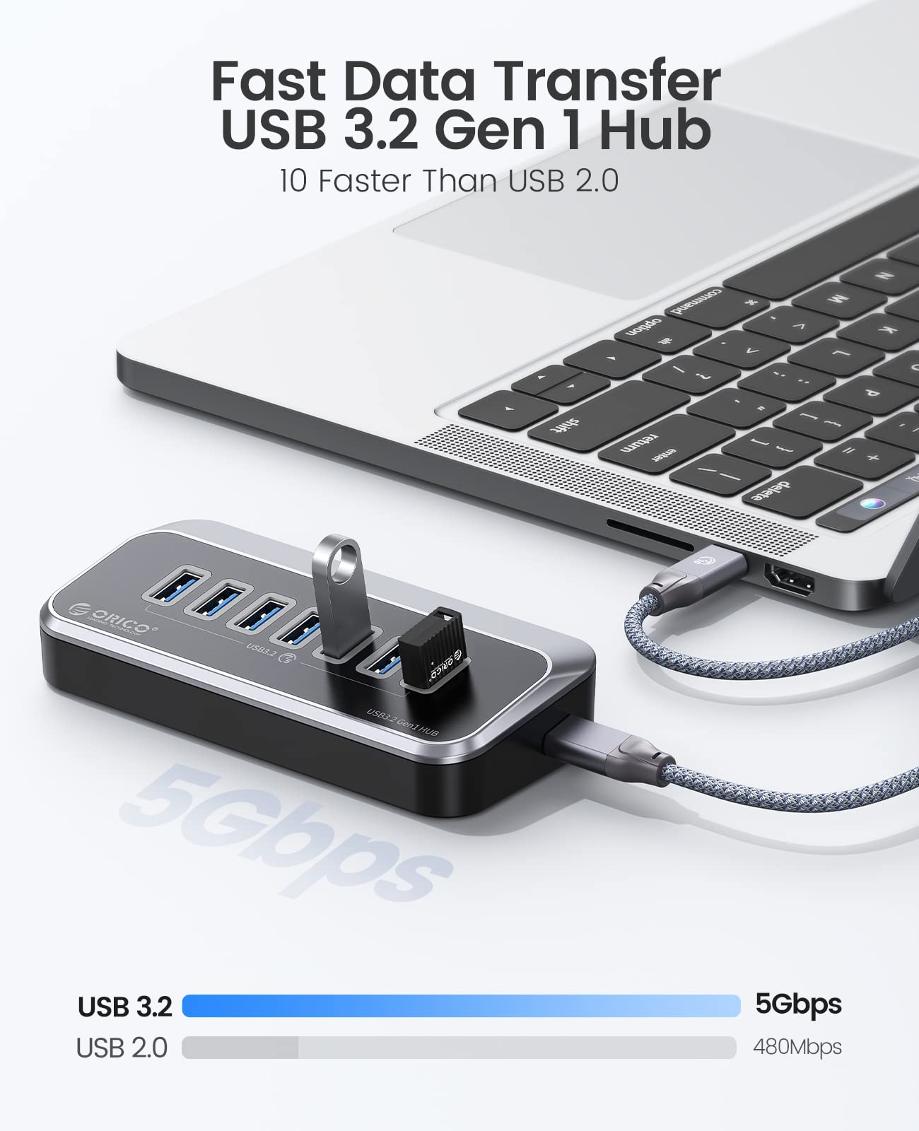 ORICO USB 3.0 Hub [5Gbps], 7 Port USB Hub with 1.64Ft USB-C Cable and USB-A Adapter, USB 3.2 Gen1 Splitter for iMac, All MacBooks, Mac Mini
