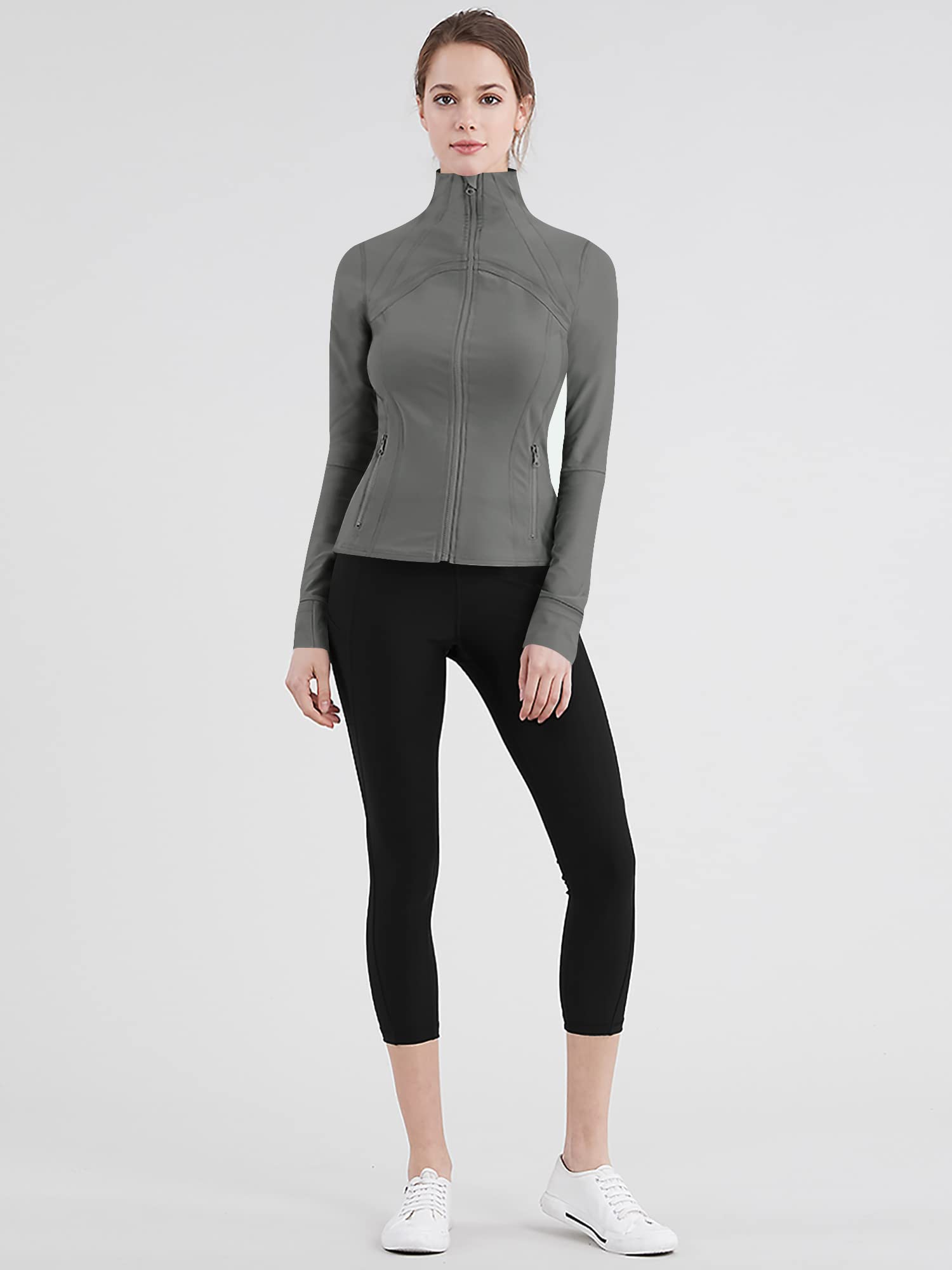 Lock and Love LL WJC3024 Women's Running Shirt Full Zip Workout Track Jacket with Thumb Holes L BLACK