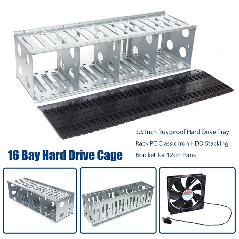 Nemeae New 16 Bay Hard Drive Cage 3.5 Inch Rustproof Hard Drive Tray Rack PC Classic Iron HDD Stacking Bracket for 12cm Fans A