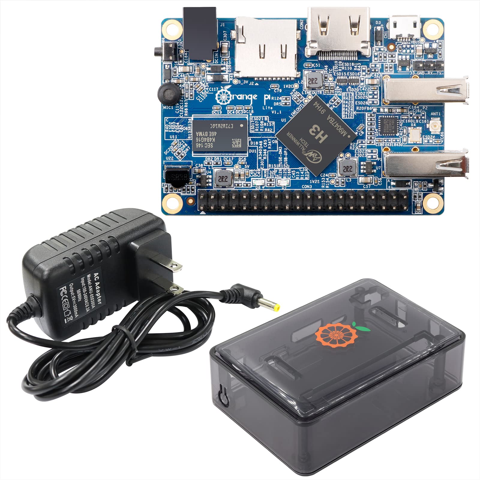 Orange Pi Lite 1GB DDR3 Allwinner H3 Quad Core Open-Source Single Board Computer, Microcontroller Support Android, Ubuntu, Debian Image (Pi Lite 1GB + Power Supply + Case)