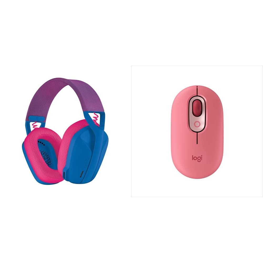 Logitech G435 Lightspeed and Bluetooth Wireless Gaming Headset -Blue with Logitech POP Mouse, Wireless Mouse - Heartbreaker Rose